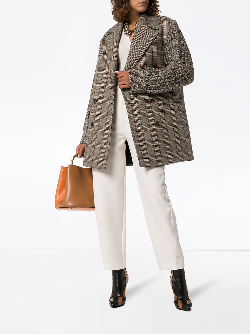 STELLA MCCARTNEY Stella McCartney Double-Breasted Checked Coat with Contrasting Knitted Sleeves