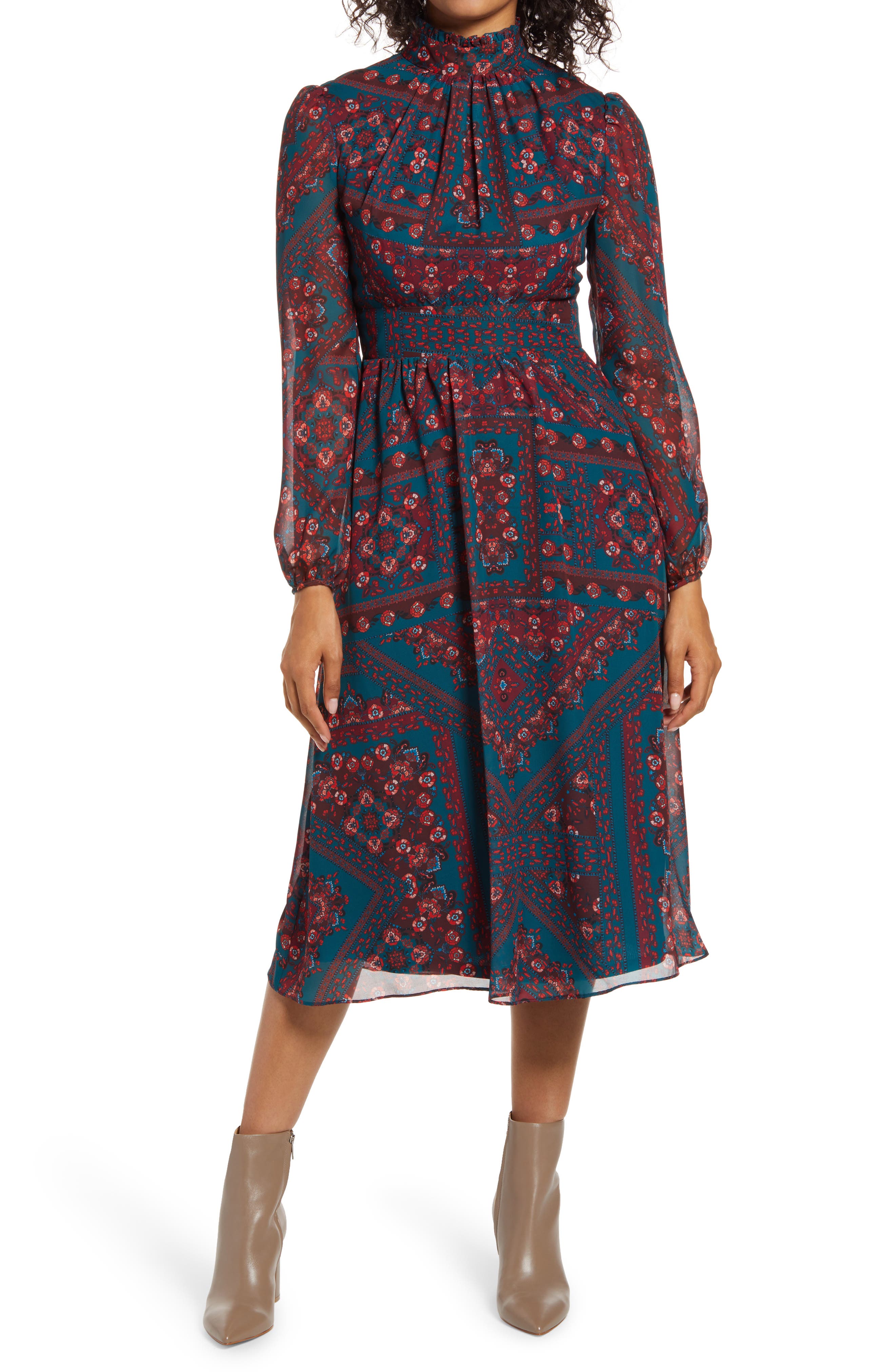 Women's Tile Print Mock Neck Long 