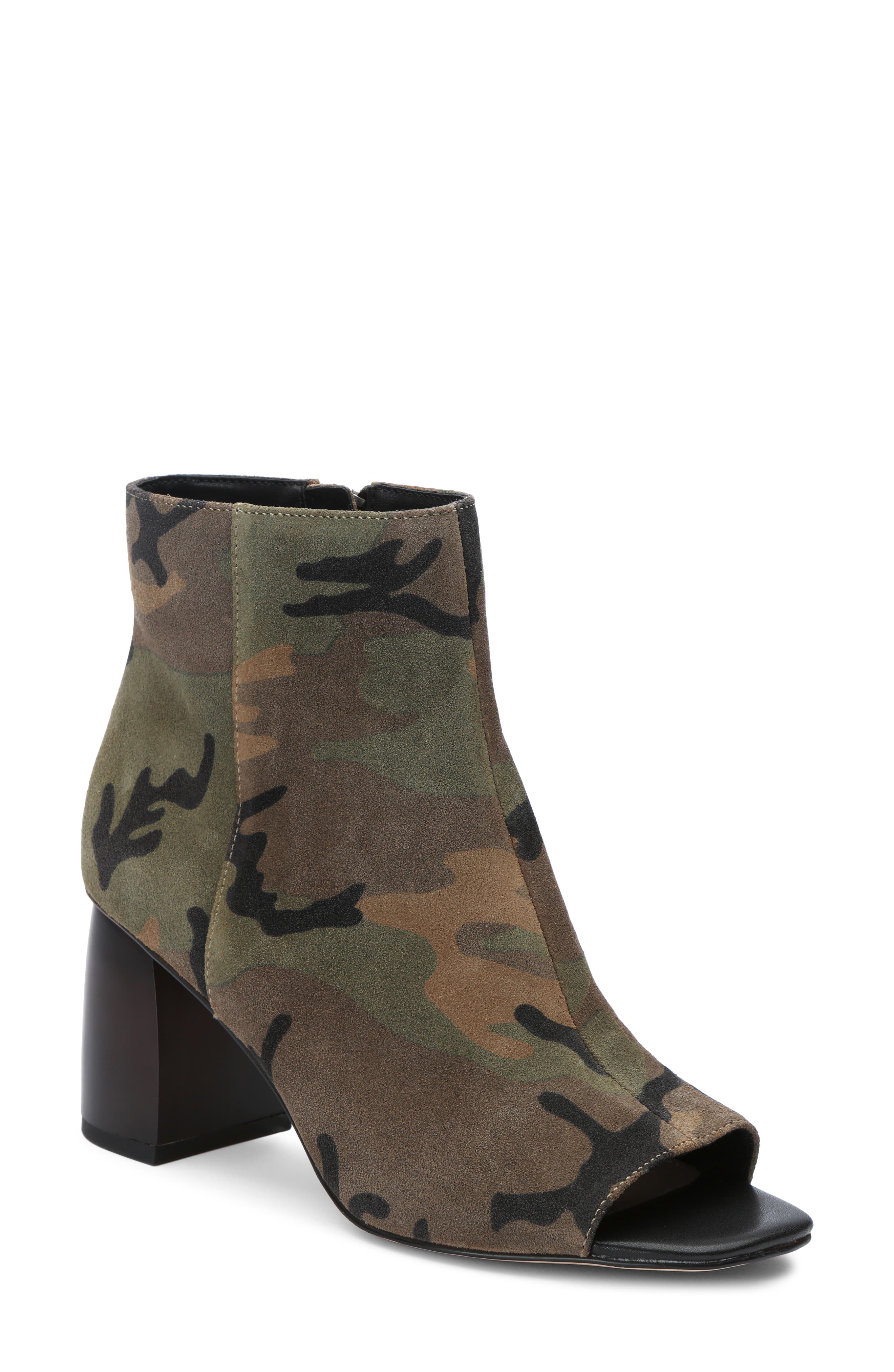 camo peep toe booties