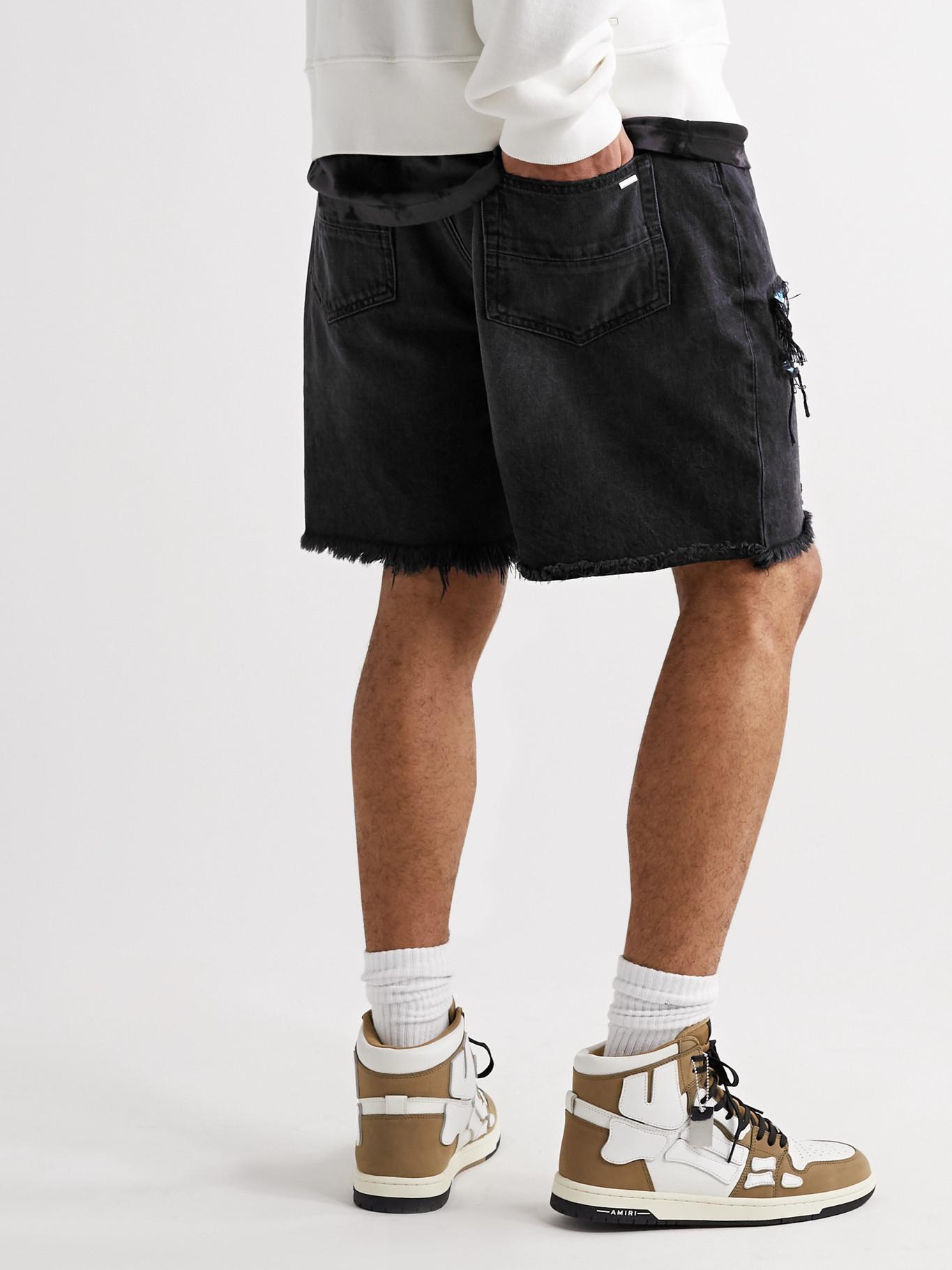 Amiri Thrasher Panelled Slim-Fit Distressed Denim Shorts - Black 