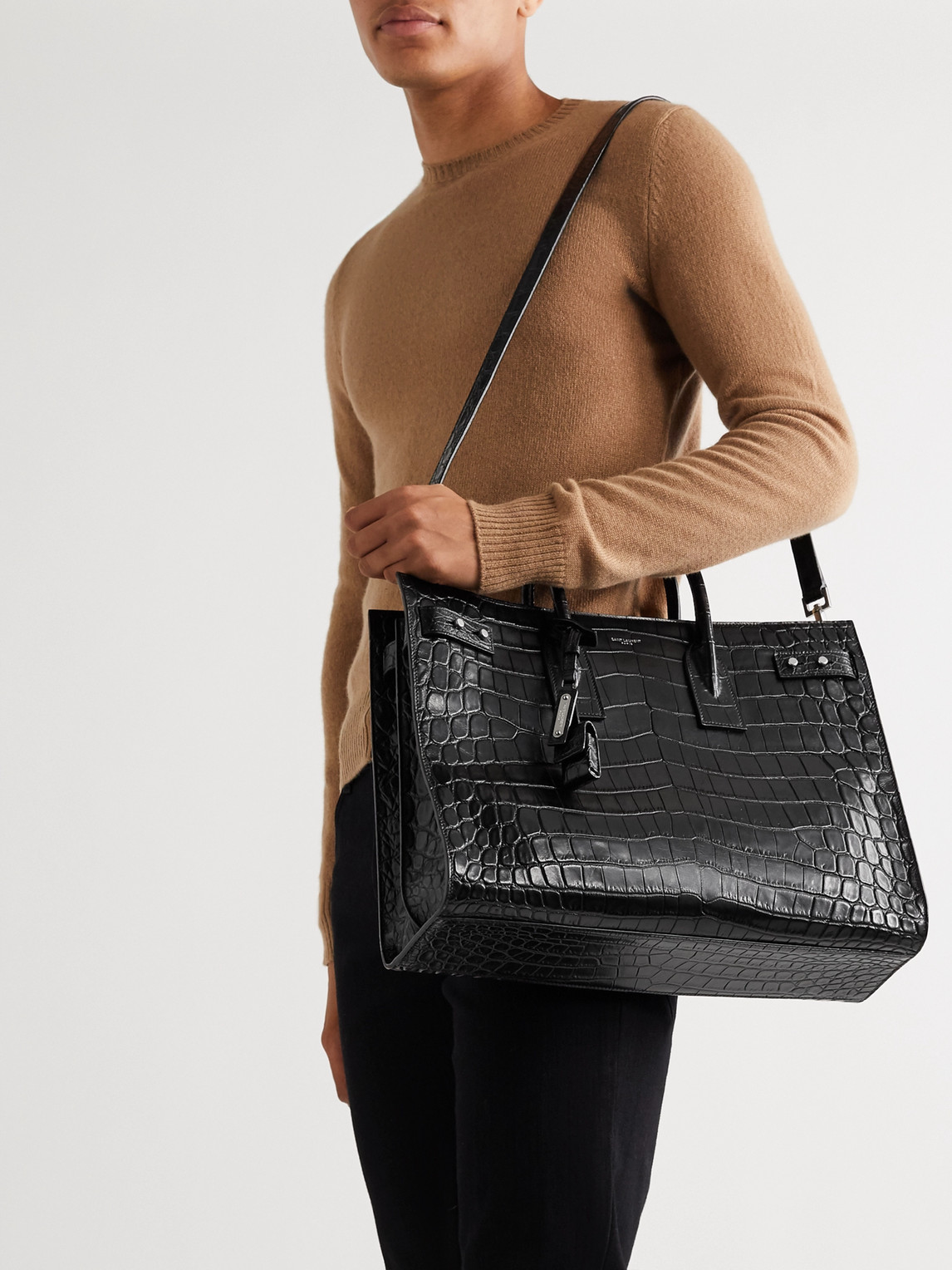 SAINT LAURENT Croc-Effect Leather Tote Bag