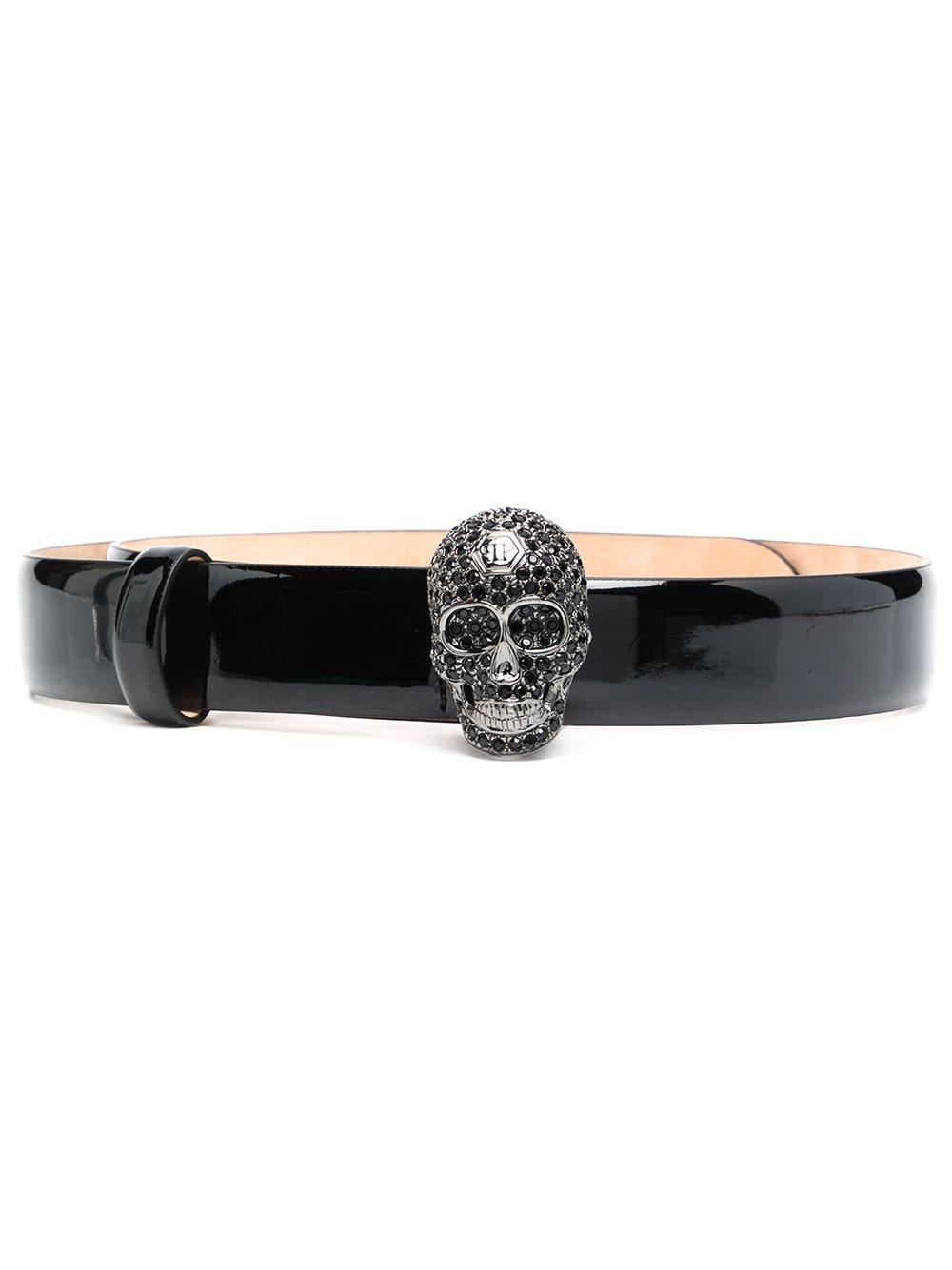 Philipp Plein Crystal-Skull Patent Leather Belt - Black  display picture 3