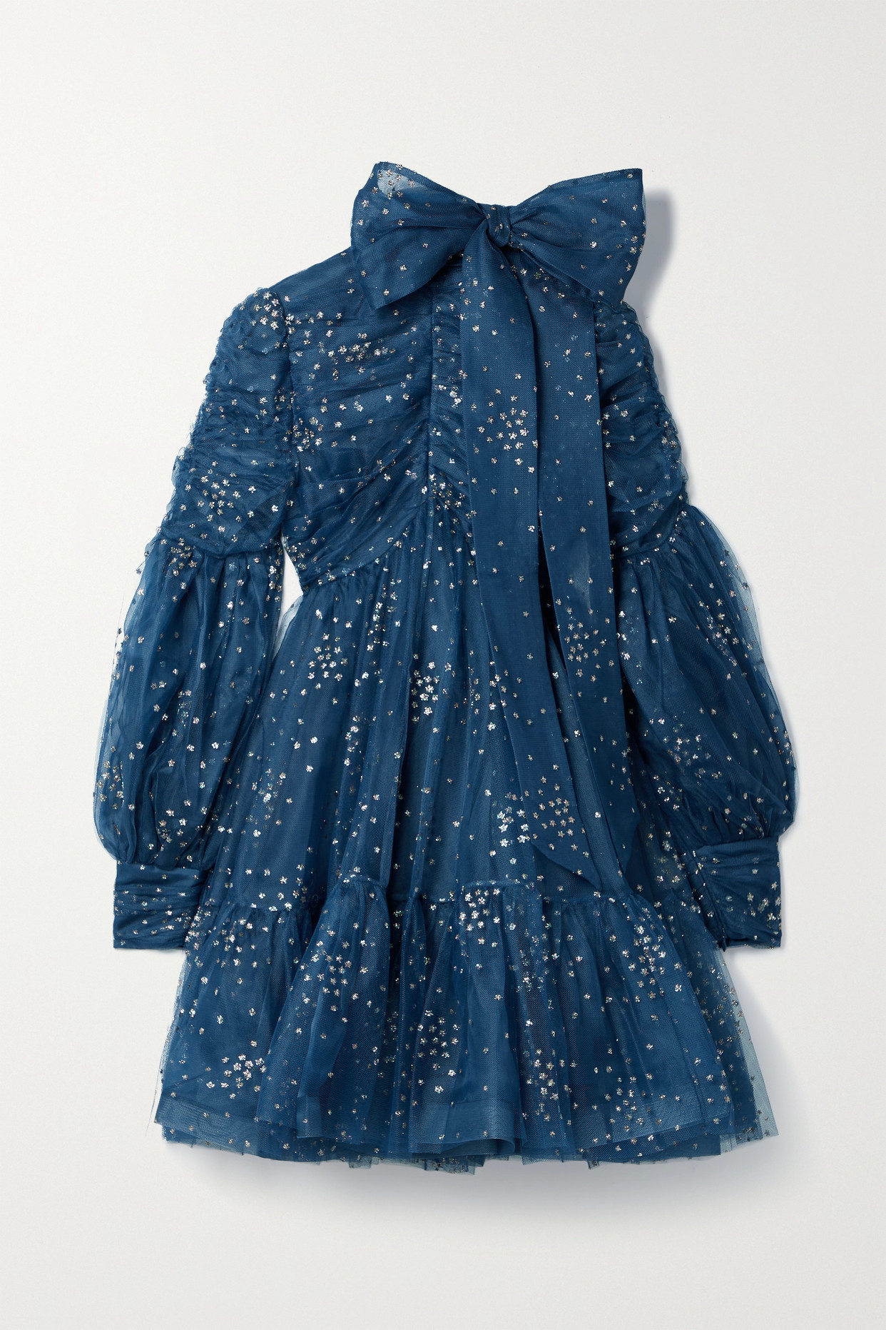 Zimmermann Rhythm Tie-Neck Ruched Flocked Tulle Mini Dress - Blue |  Editorialist