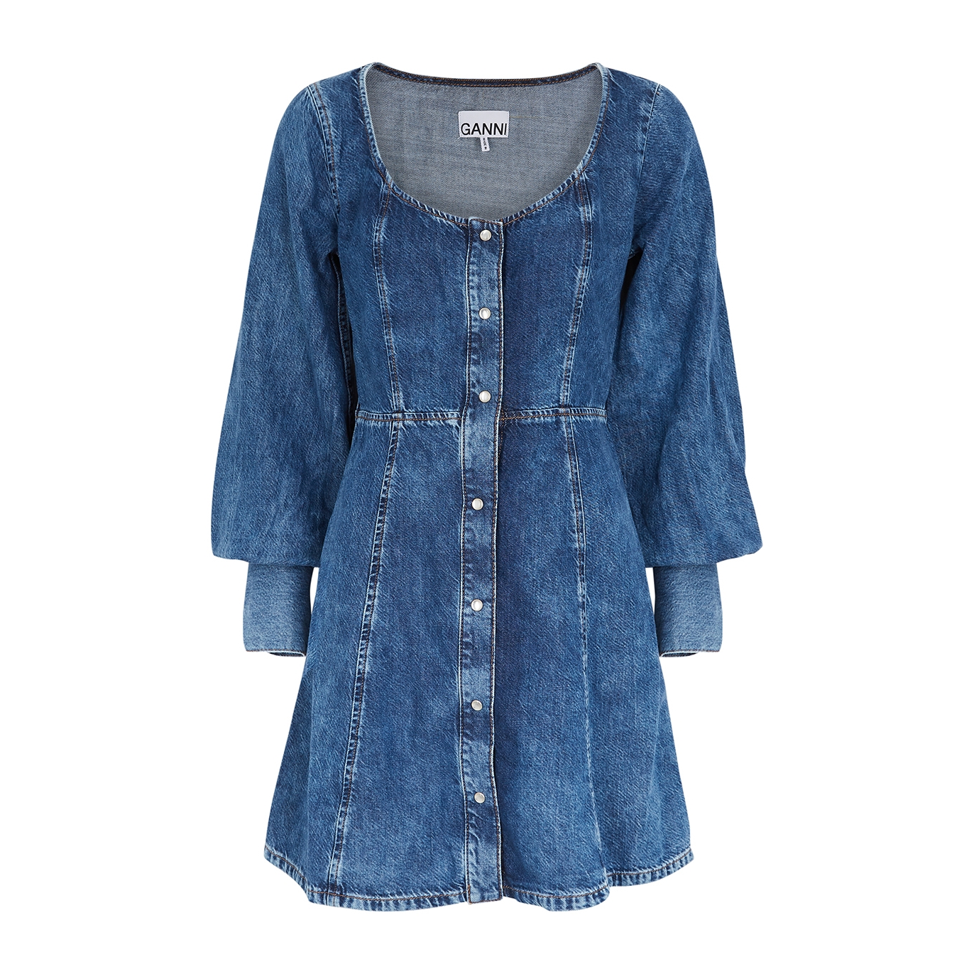 ganni puff sleeve denim dress GANNI Blue & White Denim Bleach Ruffle Mini Dress GANNI