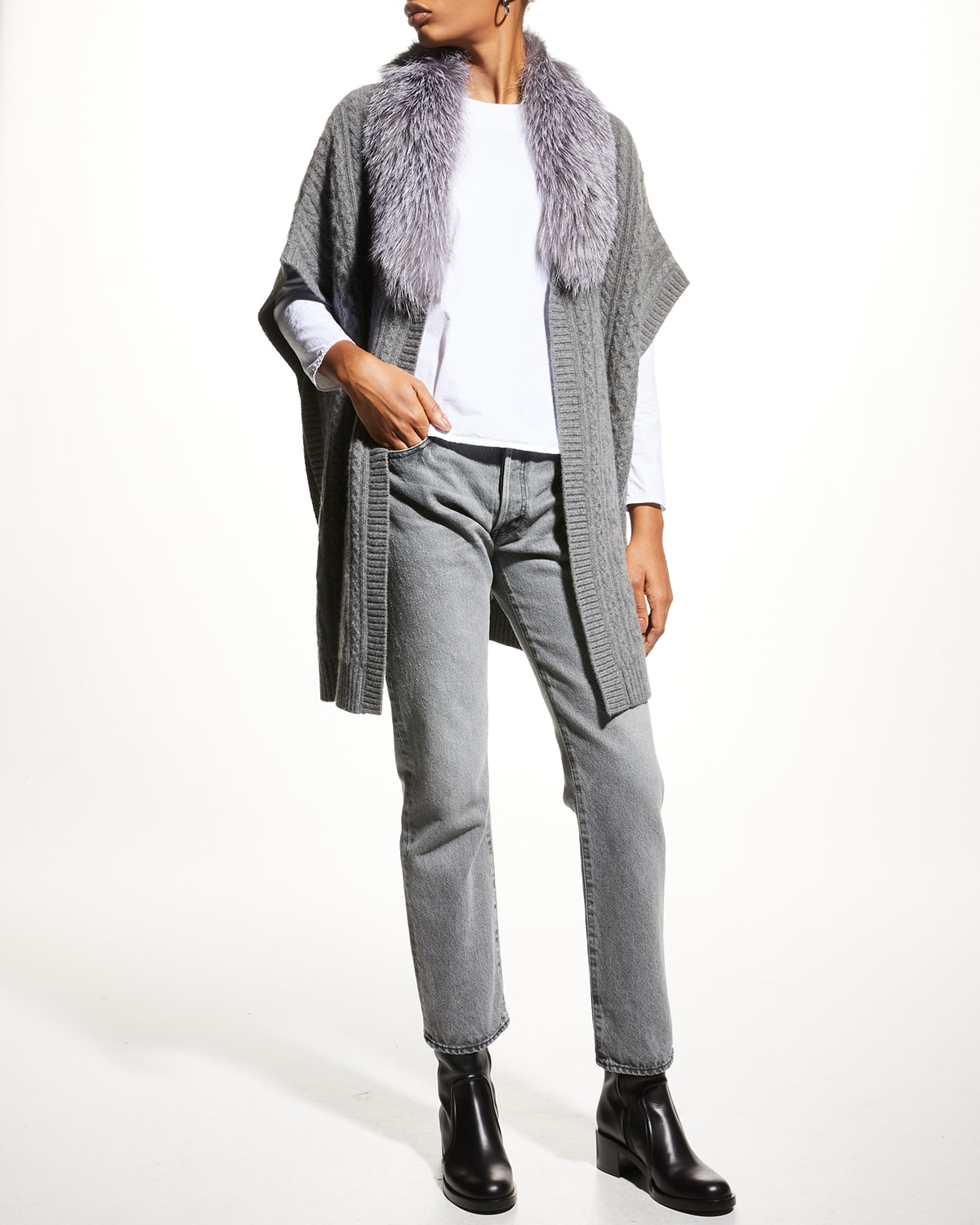 Sofia Cashmere Cable Knit Cashmere Cape W/ Fox Fur In Gray - 50 