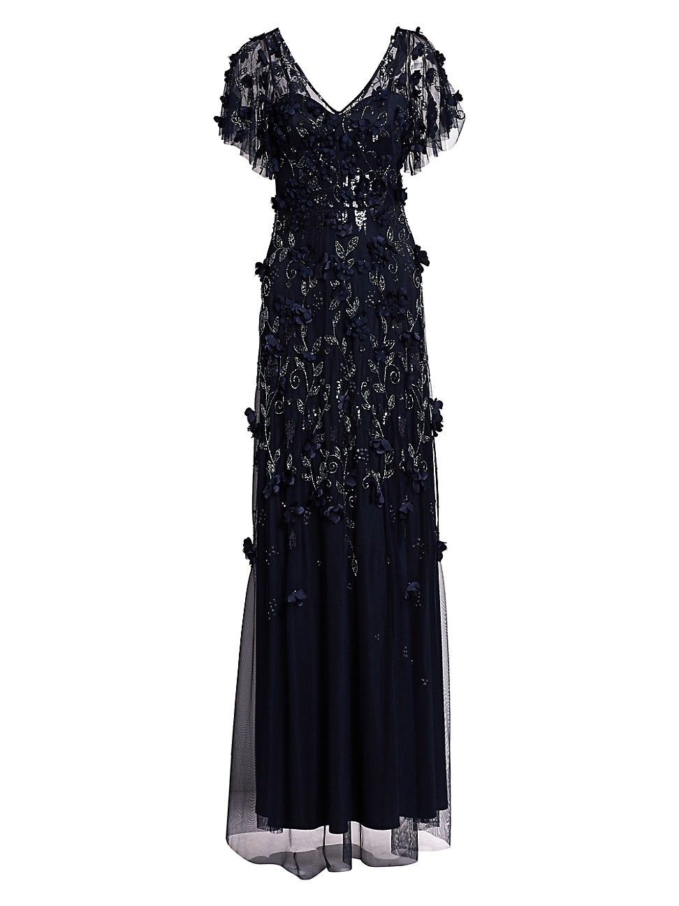 Theia Jewelry Flutter Sleeve Floral Appliqué Gown In Midnight 75