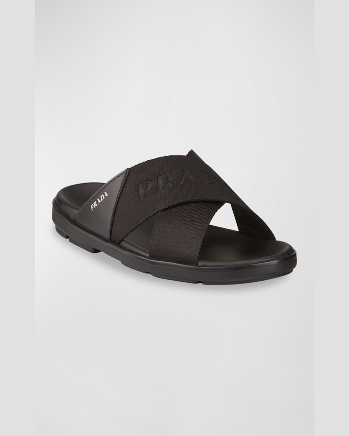 NEW Prada Nastro web logo crossover leather sandals Prada Nastro Web Logo Slide Sandals - Black | Editorialist main image 2