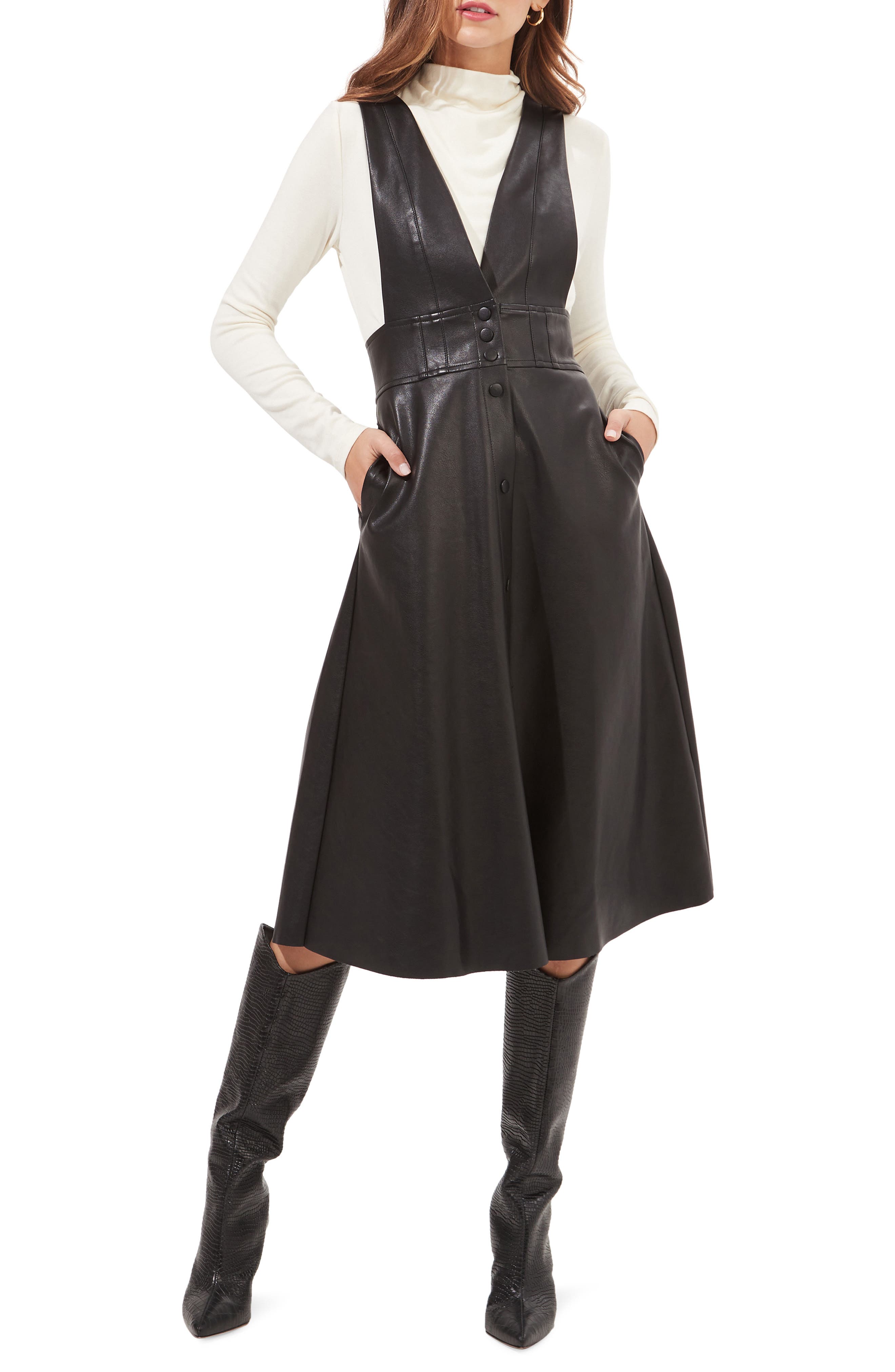 Astr The Label Rosemary Faux Leather Pinafore Dress - Black | Editorialist
