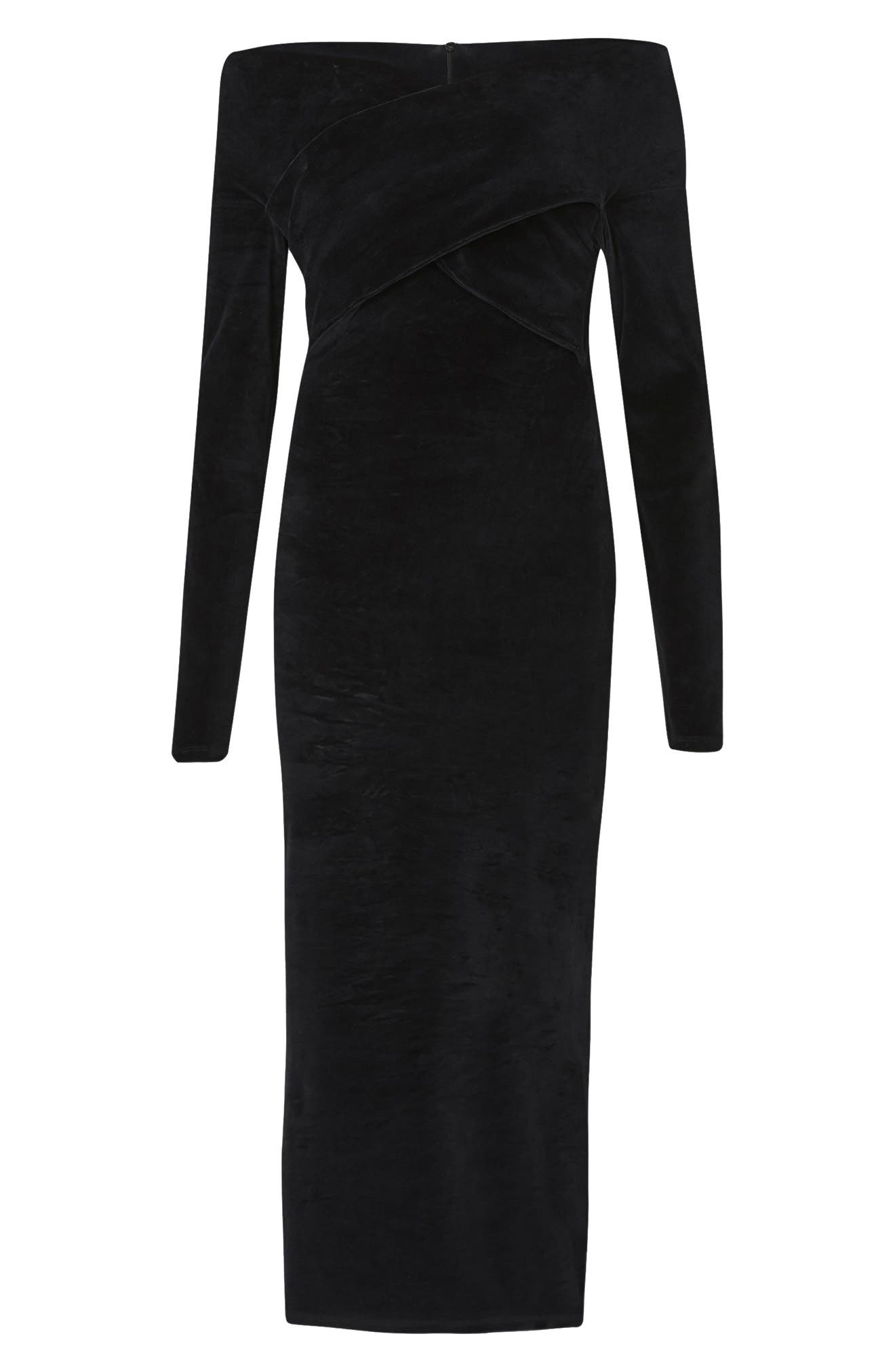 chinese dress ladies Black Velvet Embellished Illusion Long Sleeve A-Line Midi Dress main image 0
