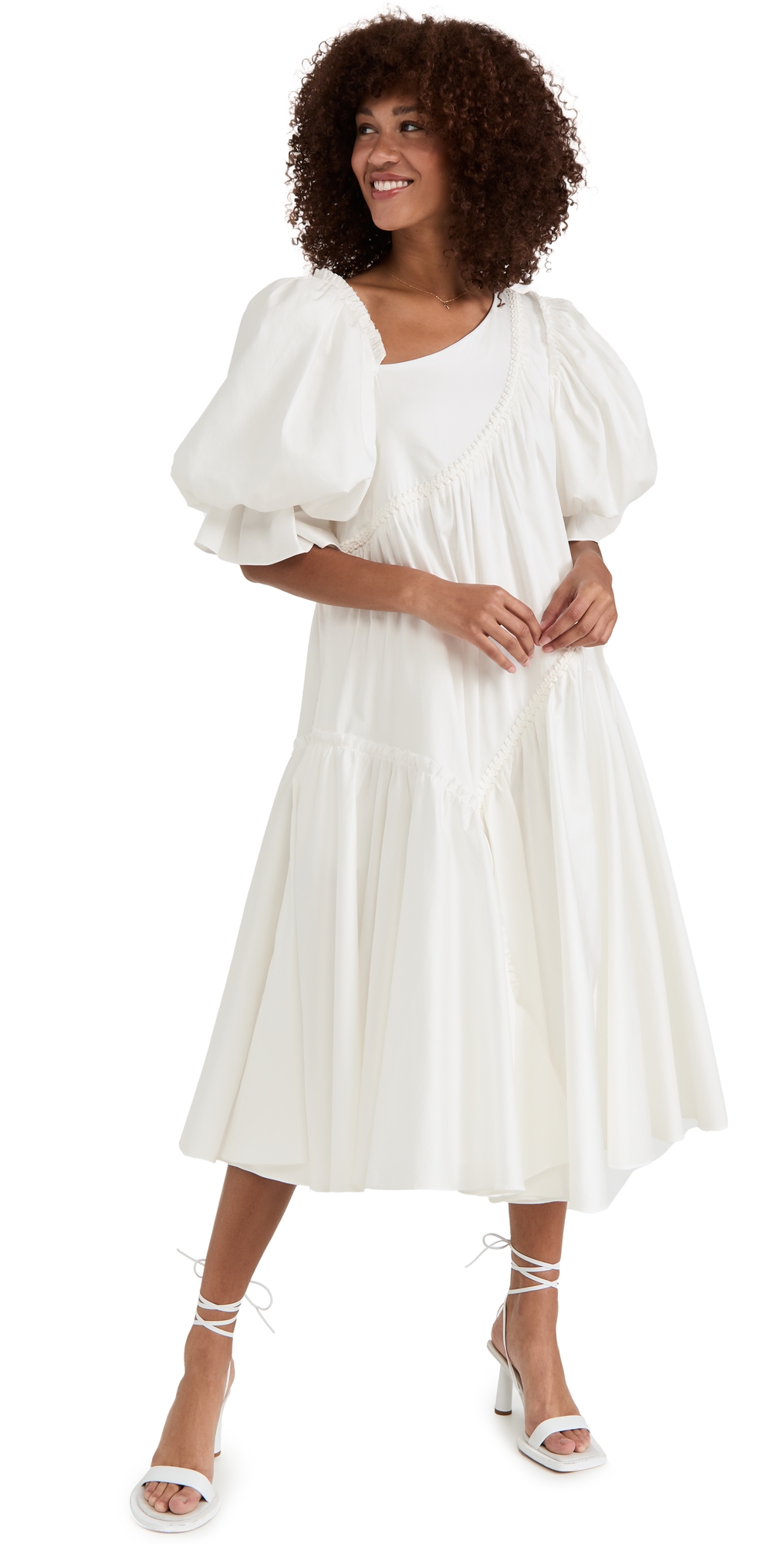 casabianca braided asymmetric puff sleeve midi dress Aje Casabianca Braided Asymmetric Puff Sleeve Dress In Ivory - 70% Off