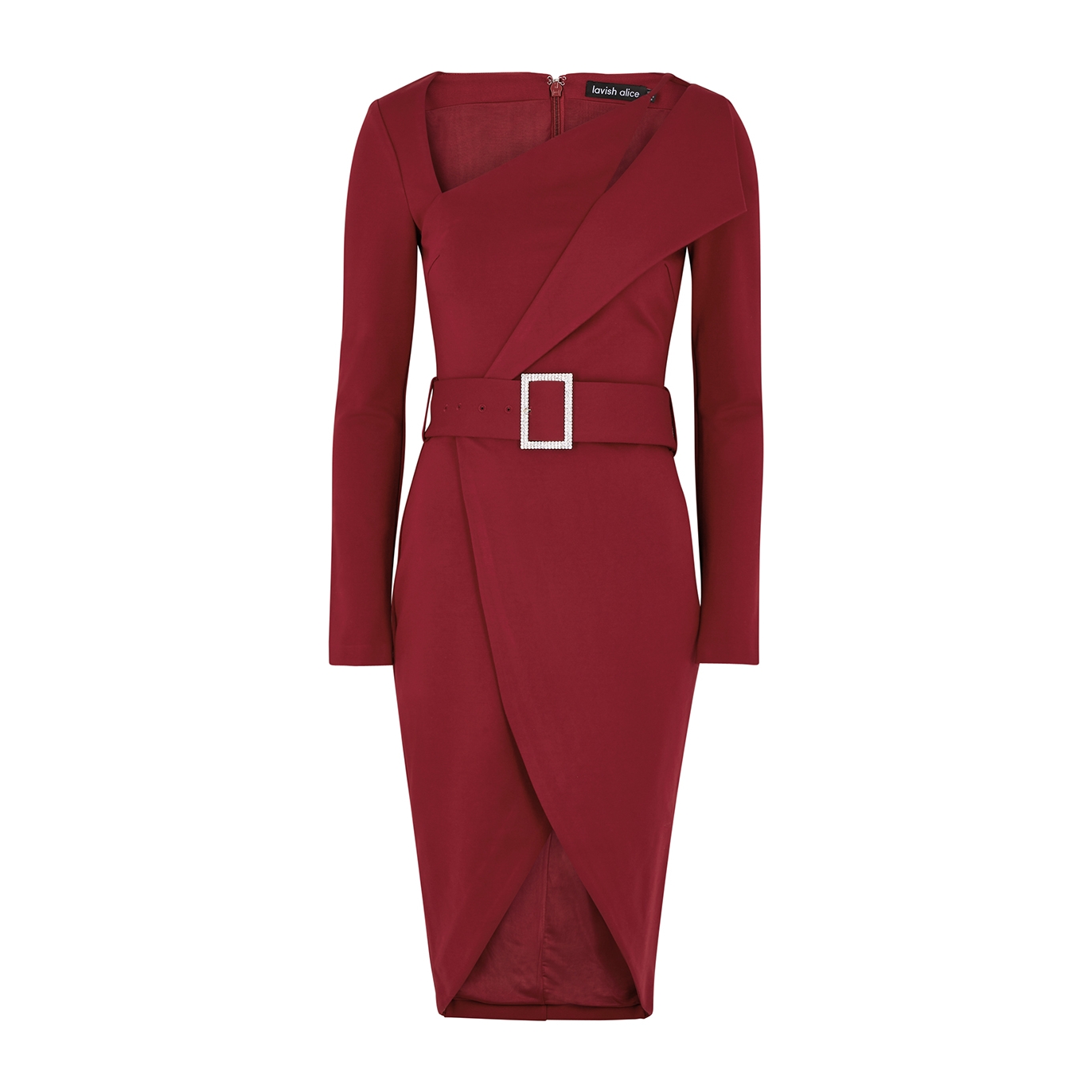 lavish alice burgundy dress HARLEEN Draped Bardot Bonded Satin Midi Dress in Burgundy main image 1