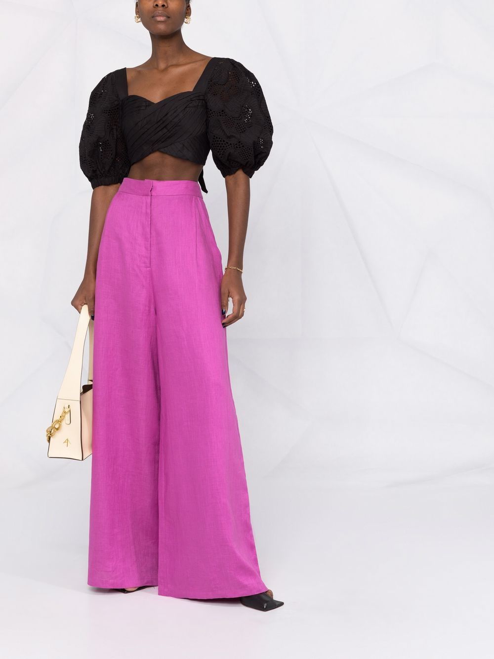 SELF-PORTRAIT Self-Portrait Lace Puff-Sleeved Cropped Top