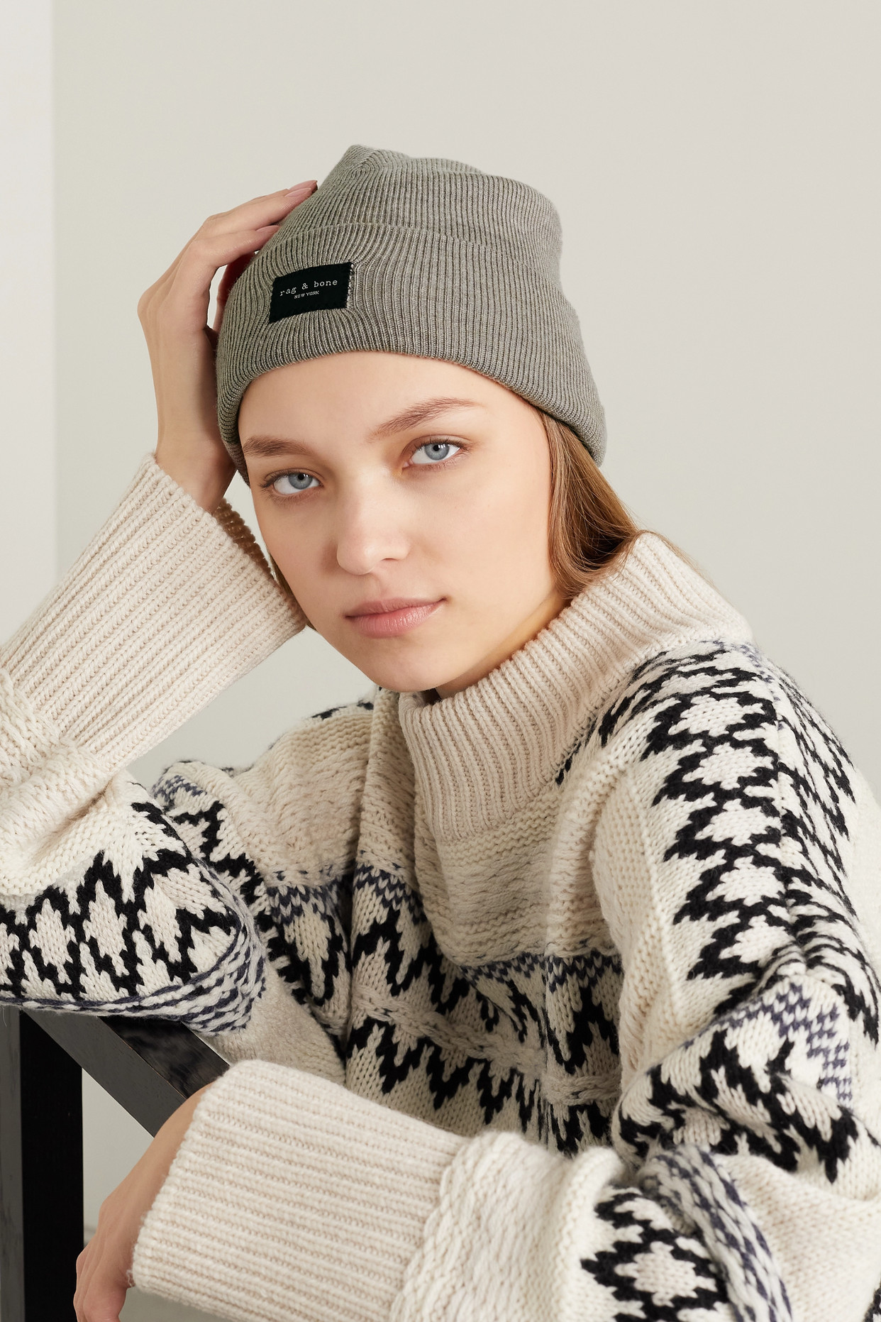 Rag & Bone Addison Logo Patch Gray Rib Knit Wool Beanie Hat NWT Unisex One Size rag & bone Women main image 4