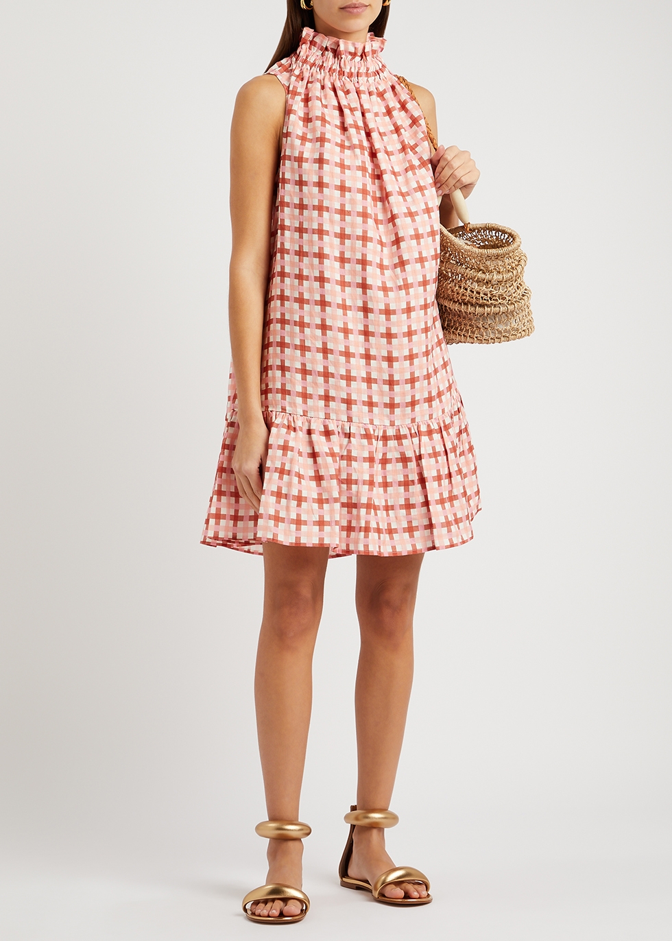 ephemera linen dress Ephemera Spalla Gingham Linen Midi Dress In Peach - 50% Off