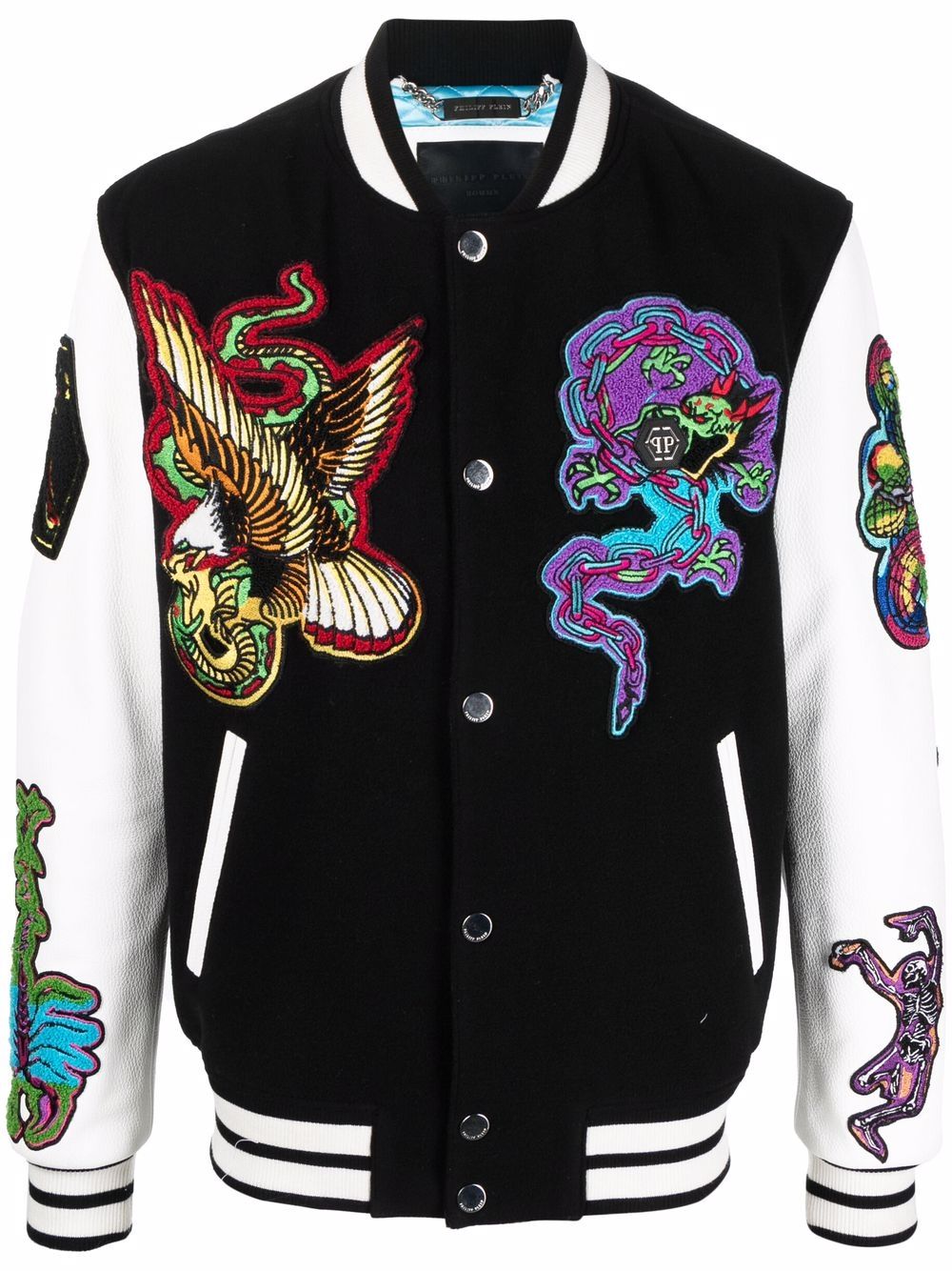 PHILIPP PLEIN Philipp Plein Embroidered Logo Patch Leather Bomber Jacket