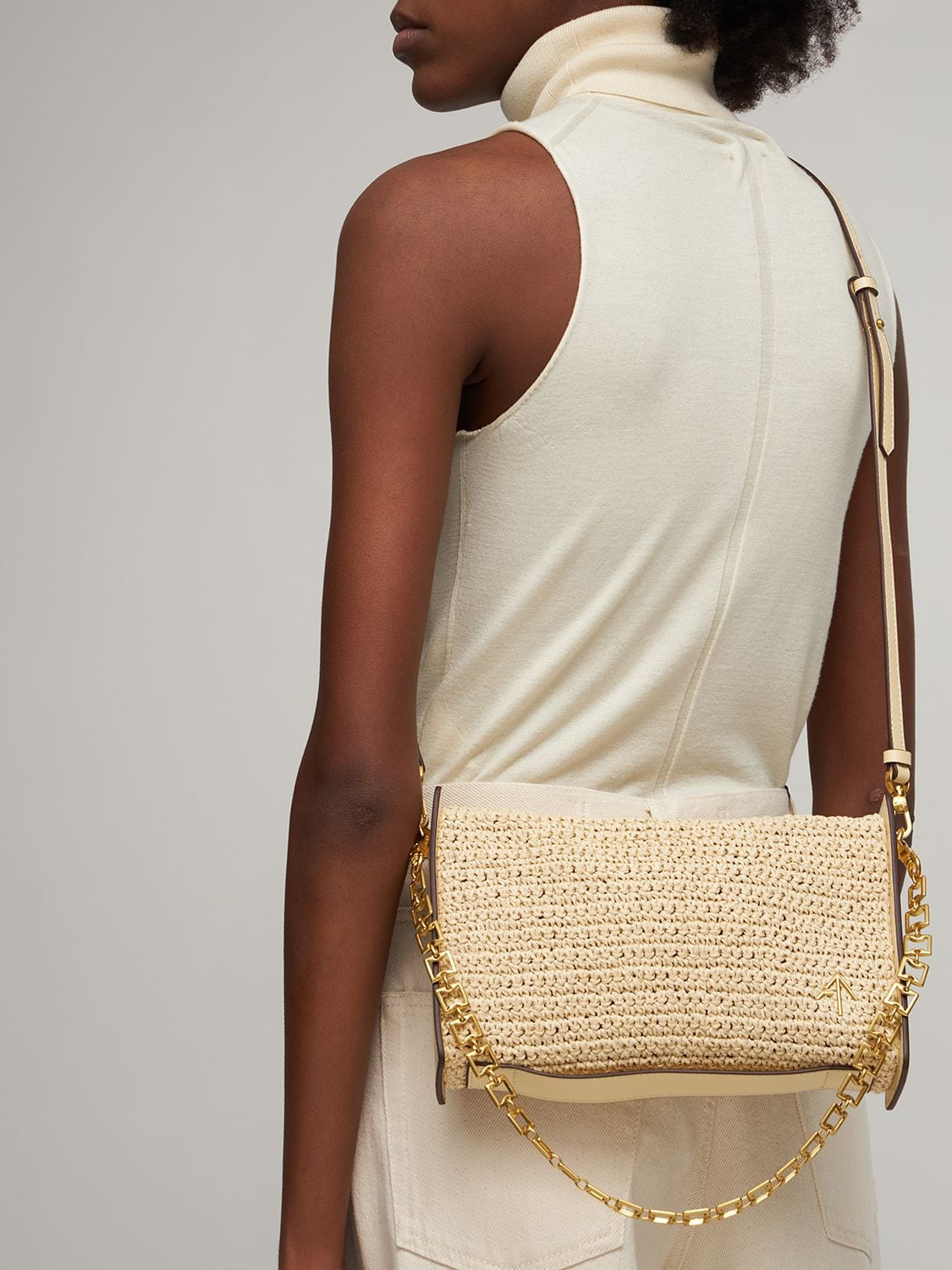 Manu Atelier Carmen Crochet Leather Shoulder Bag In Vanilla 30