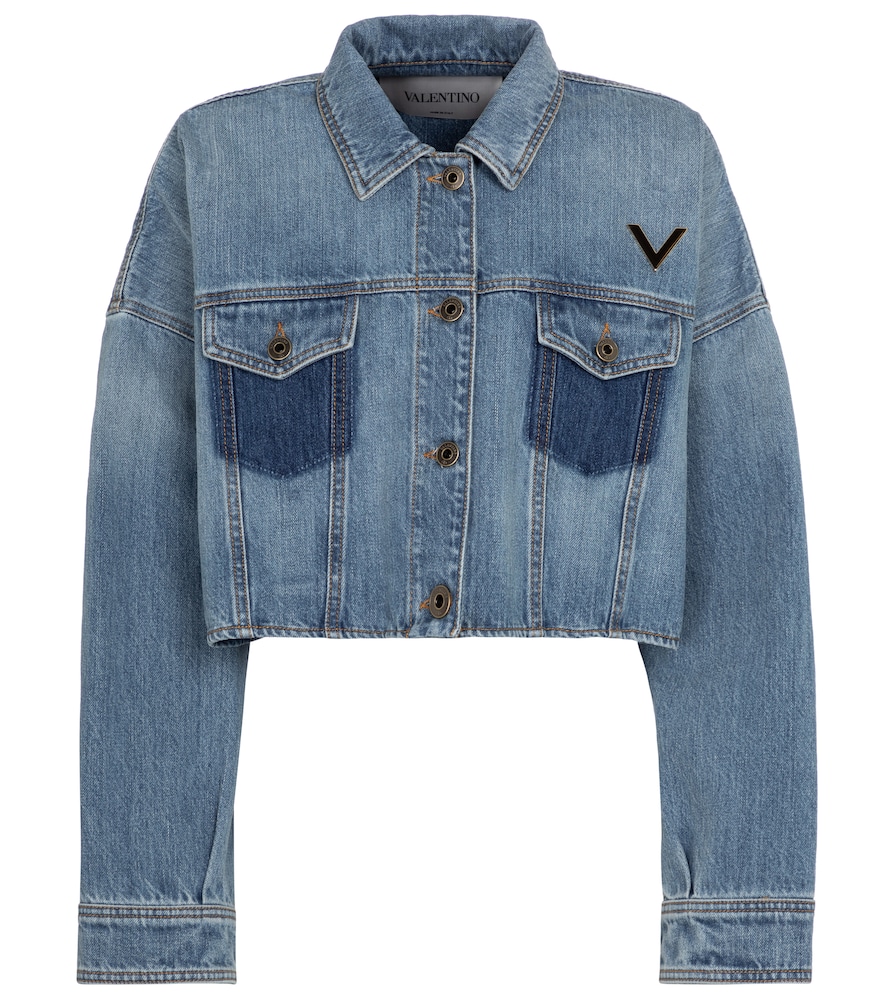 Valentino Garavani Vgold Cropped Denim Jacket In Blue 30% Off