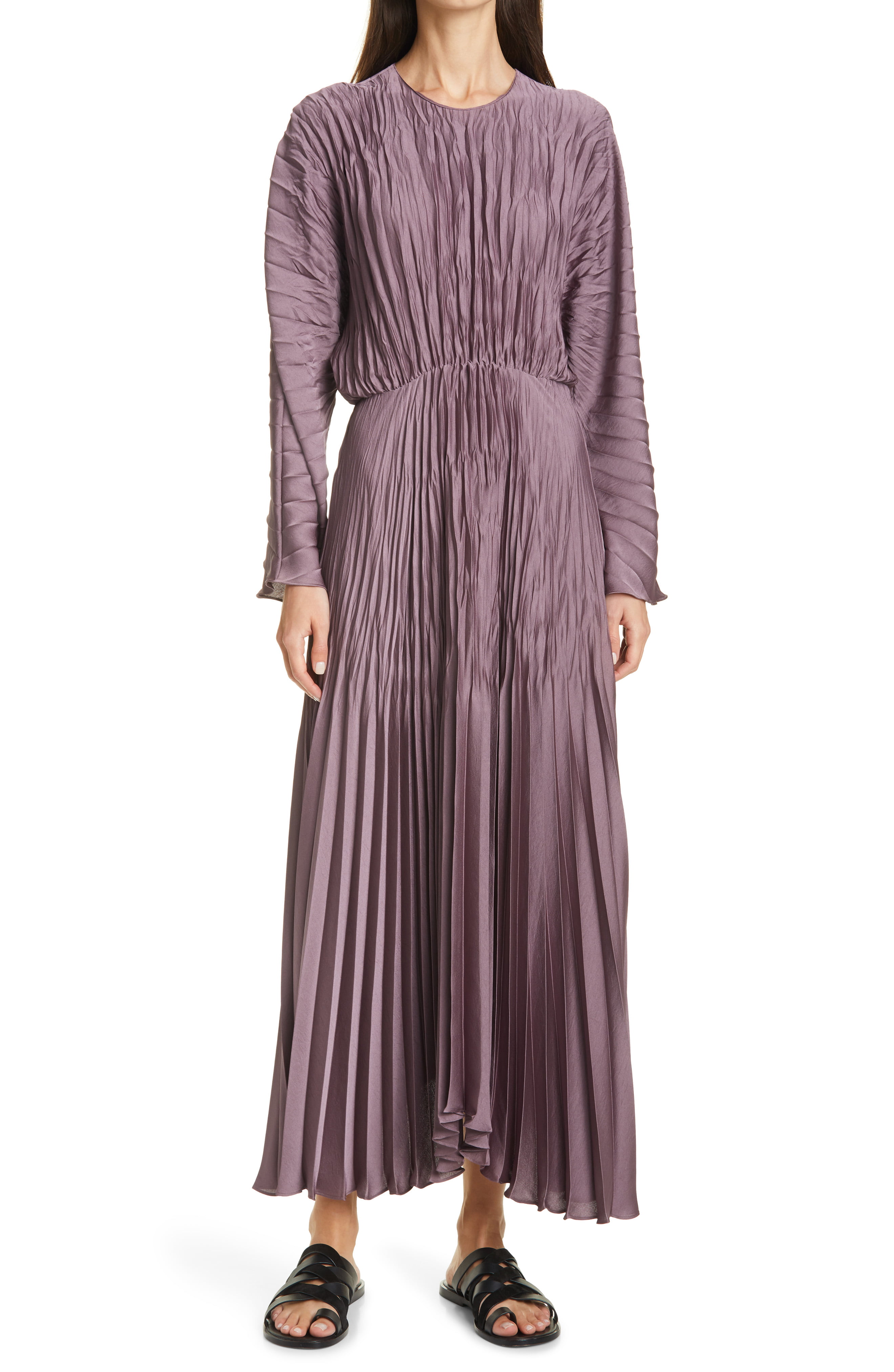 Vince Pleated Long Sleeve Satin Dress In Fig - 40% Off | Editorialist