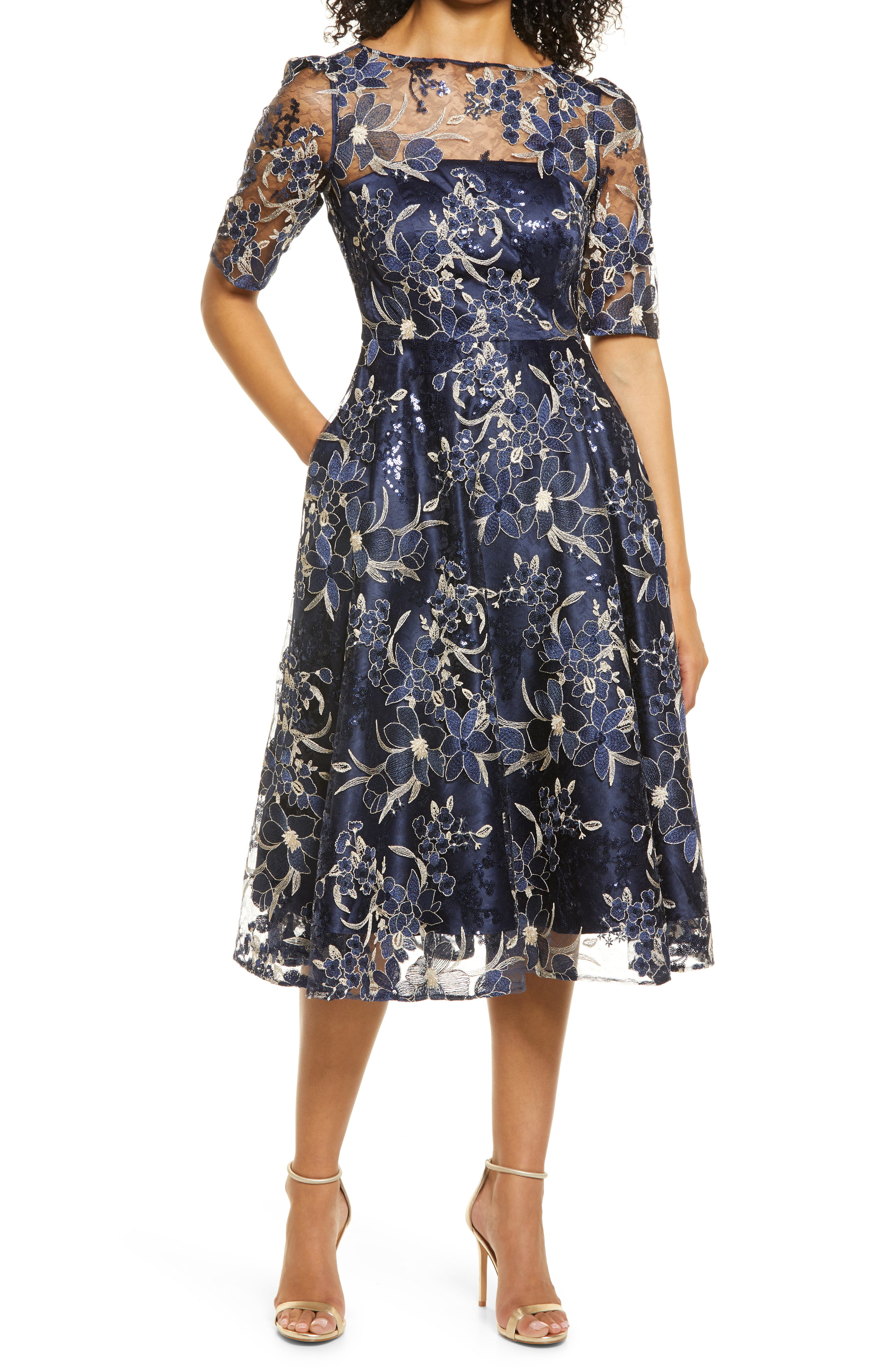 Eliza J Sequin Floral Embroidery Fit & Flare Cocktail Midi Dress - Navy |  Editorialist