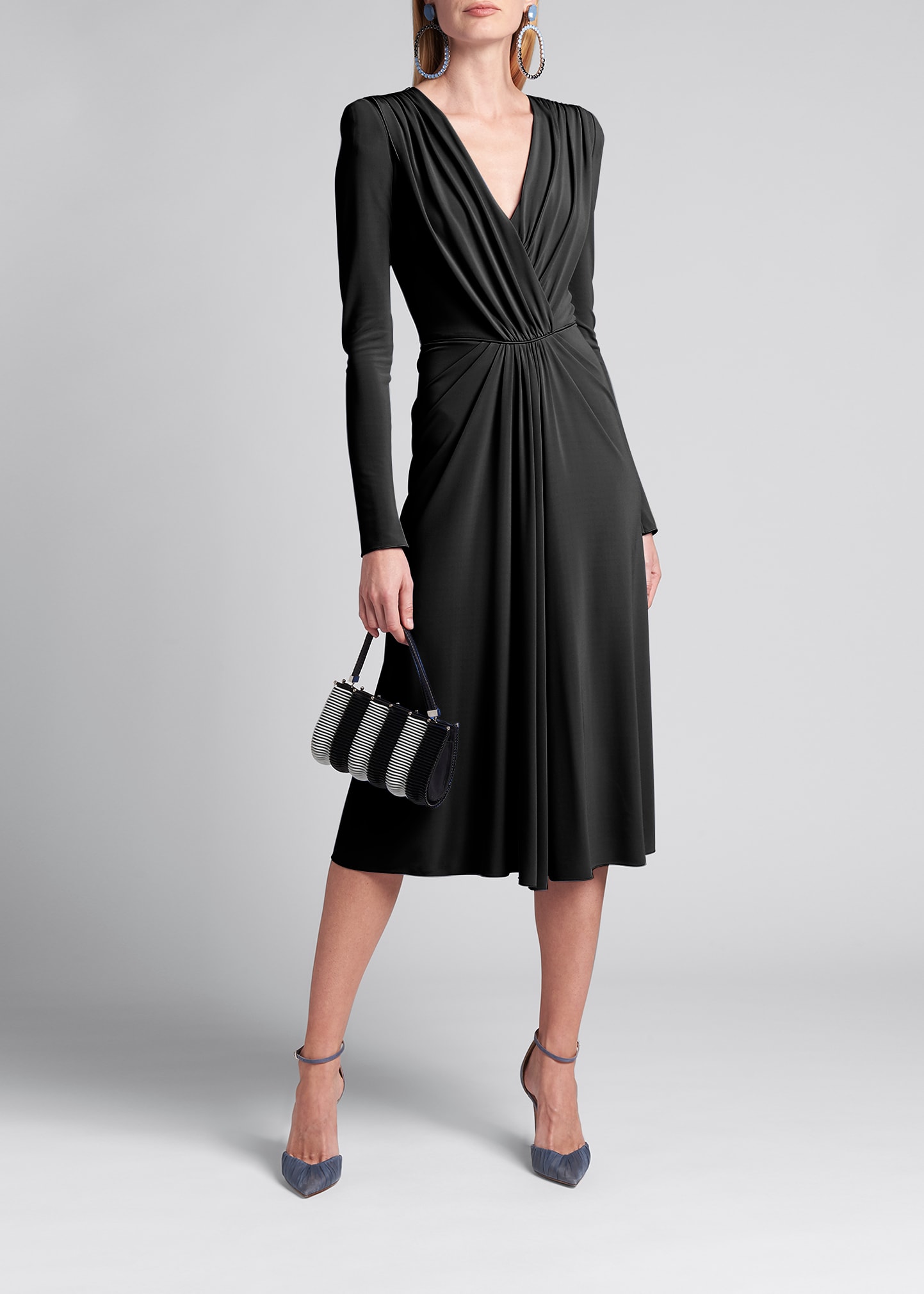 Giorgio Armani Draped Long-Sleeve Jersey Faux-Wrap Dress - Black |  Editorialist