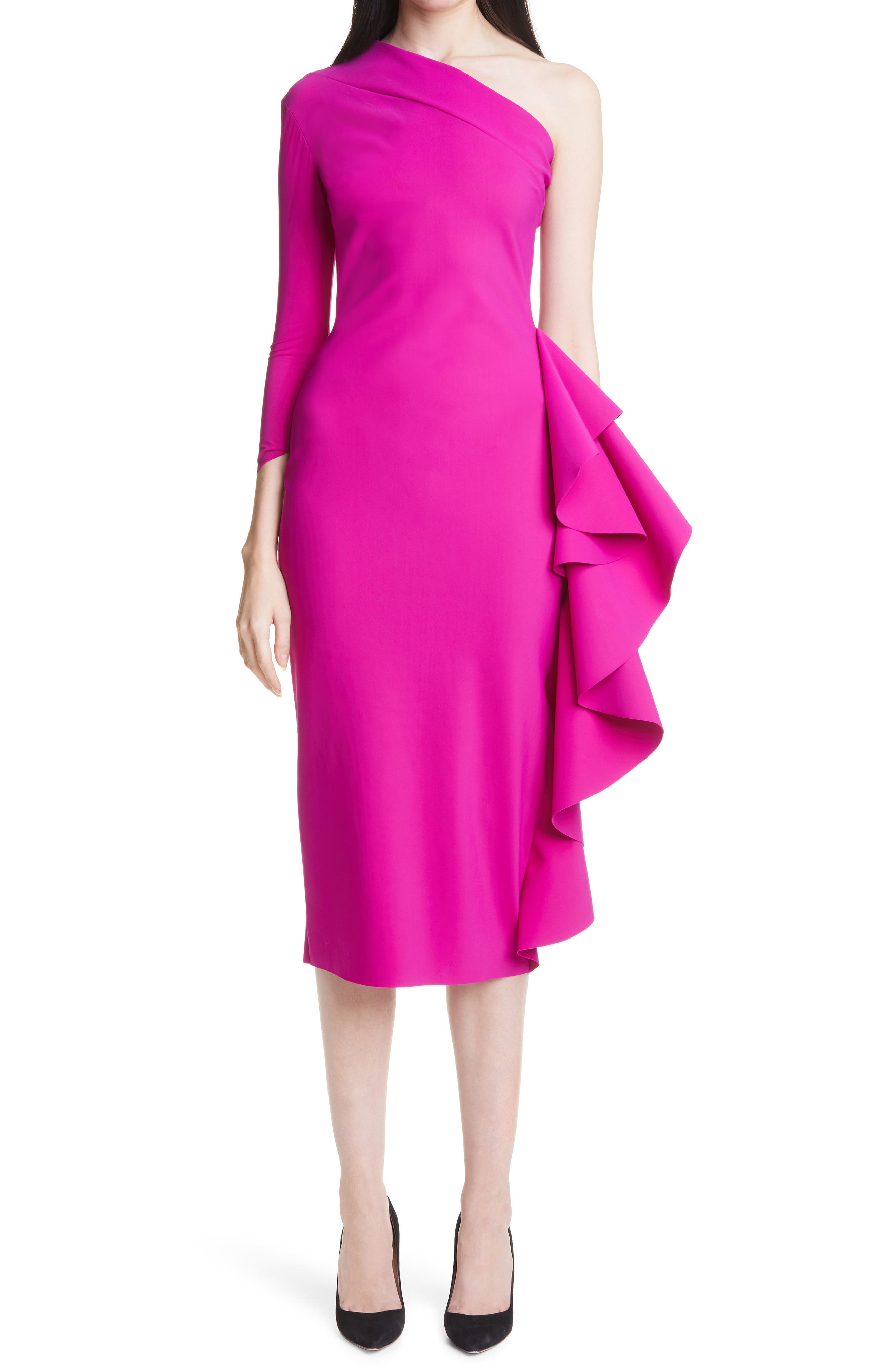 bloomingdales hot pink dress dress with long v neck Hot Pink Tight Long V Neckline Dress With Halter Neck And Open Back