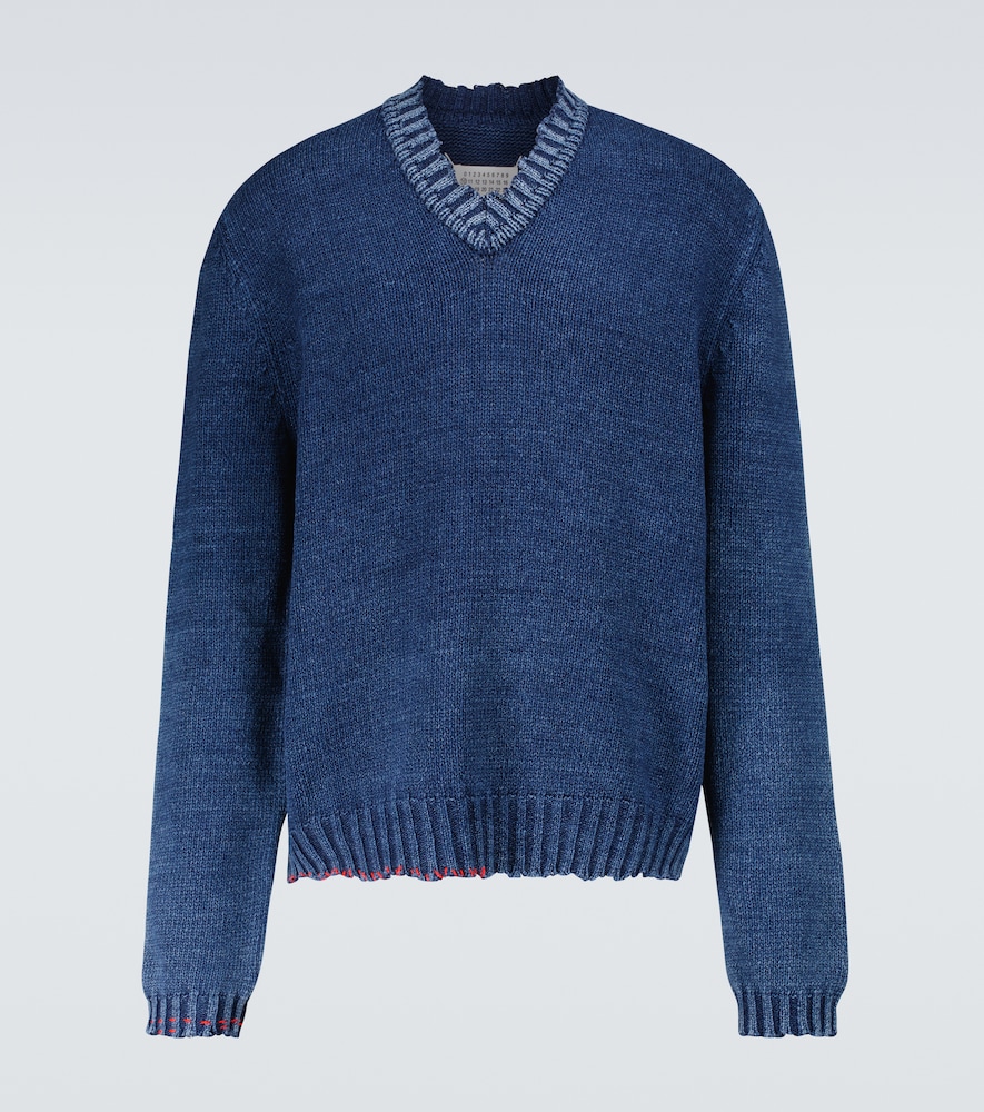 Maison Margiela Ripped V-Neck Sweater In Blue - 30% Off | Editorialist