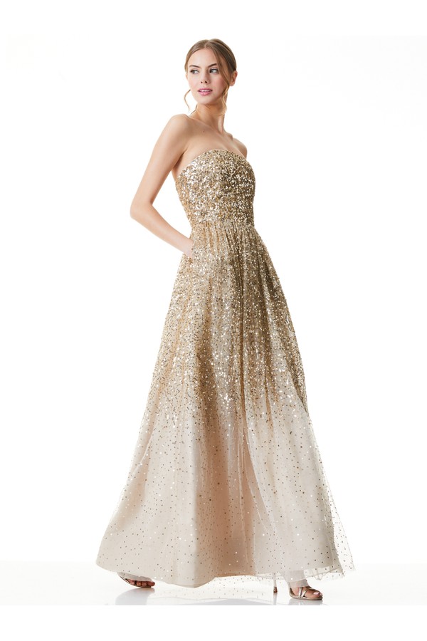 Alice + Olivia Daisy Sequin Strapless Gown - Gold | Editorialist