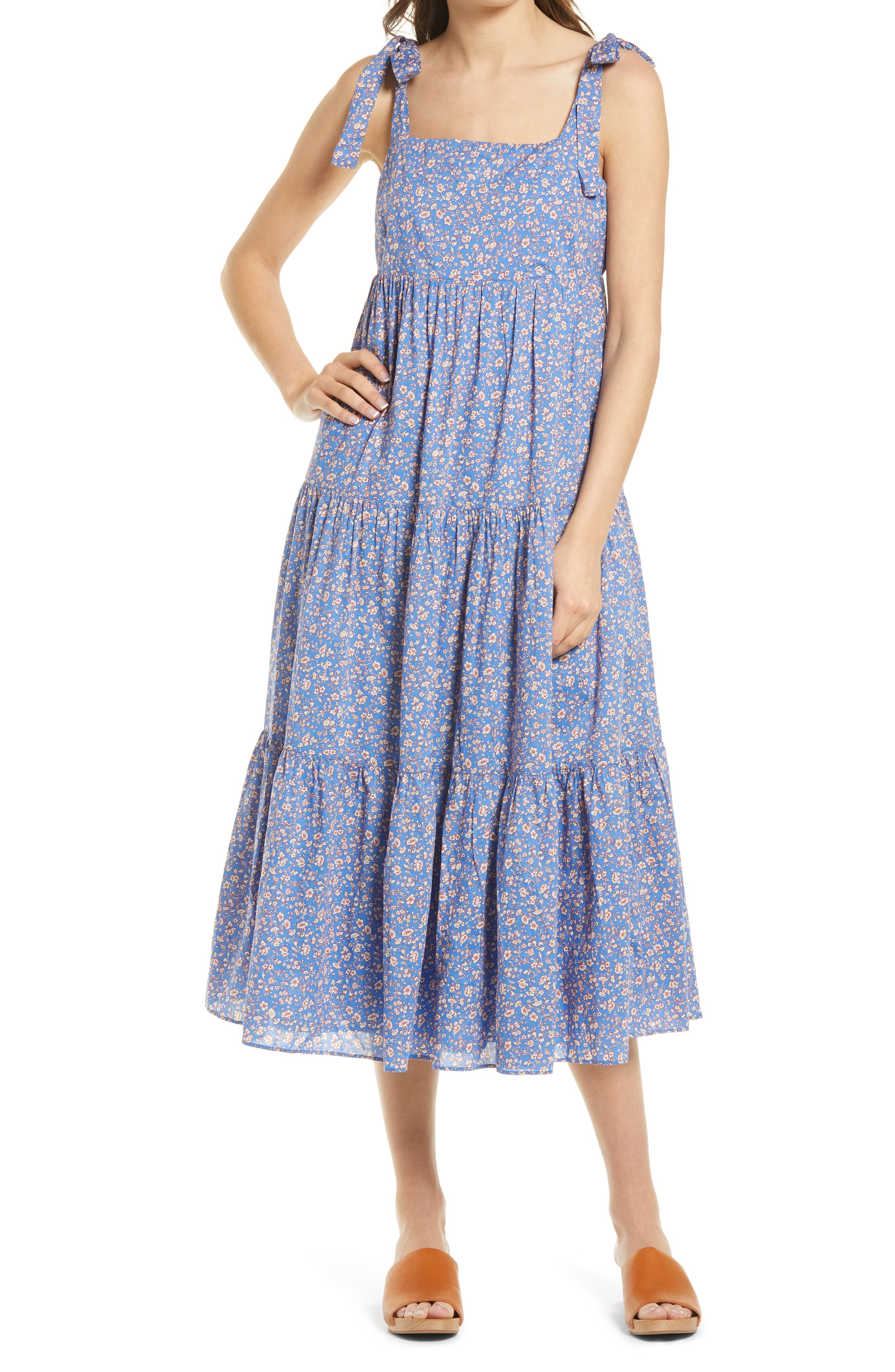 madewell tie strap tiered midi dress Tie-Strap Tiered Midi Dress in Summer Vines