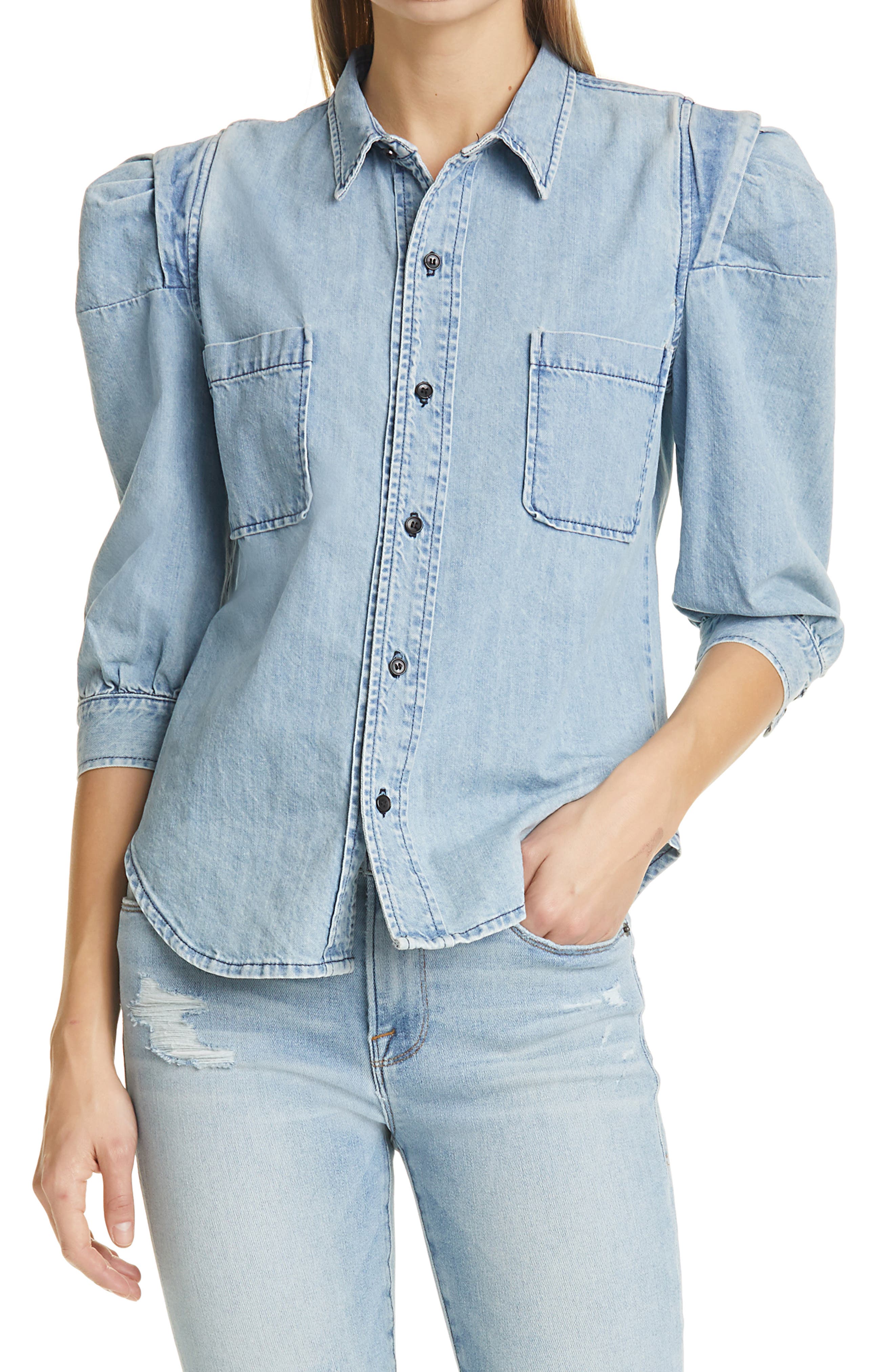 Rosette Puff Sleeve Denim Button-up 