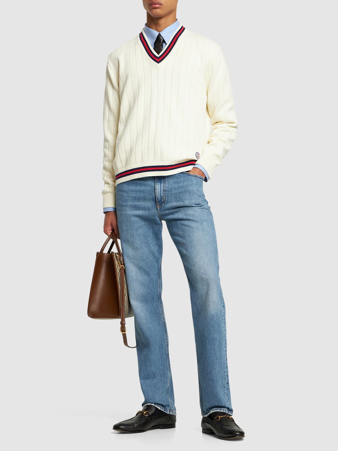 Gucci Cotton Knit V Neck Sweater W/ Web - Ivory | Editorialist