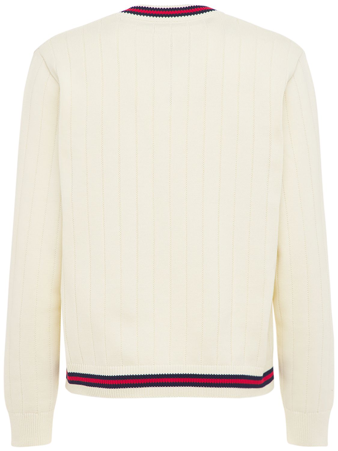 Gucci Cotton Knit V Neck Sweater W/ Web - Ivory | Editorialist