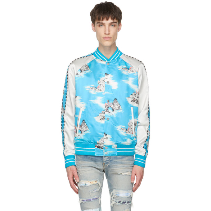 Buy Amiri Blue & White Silk Graphic Bomber Jacket - Cyan At 58% Off ...