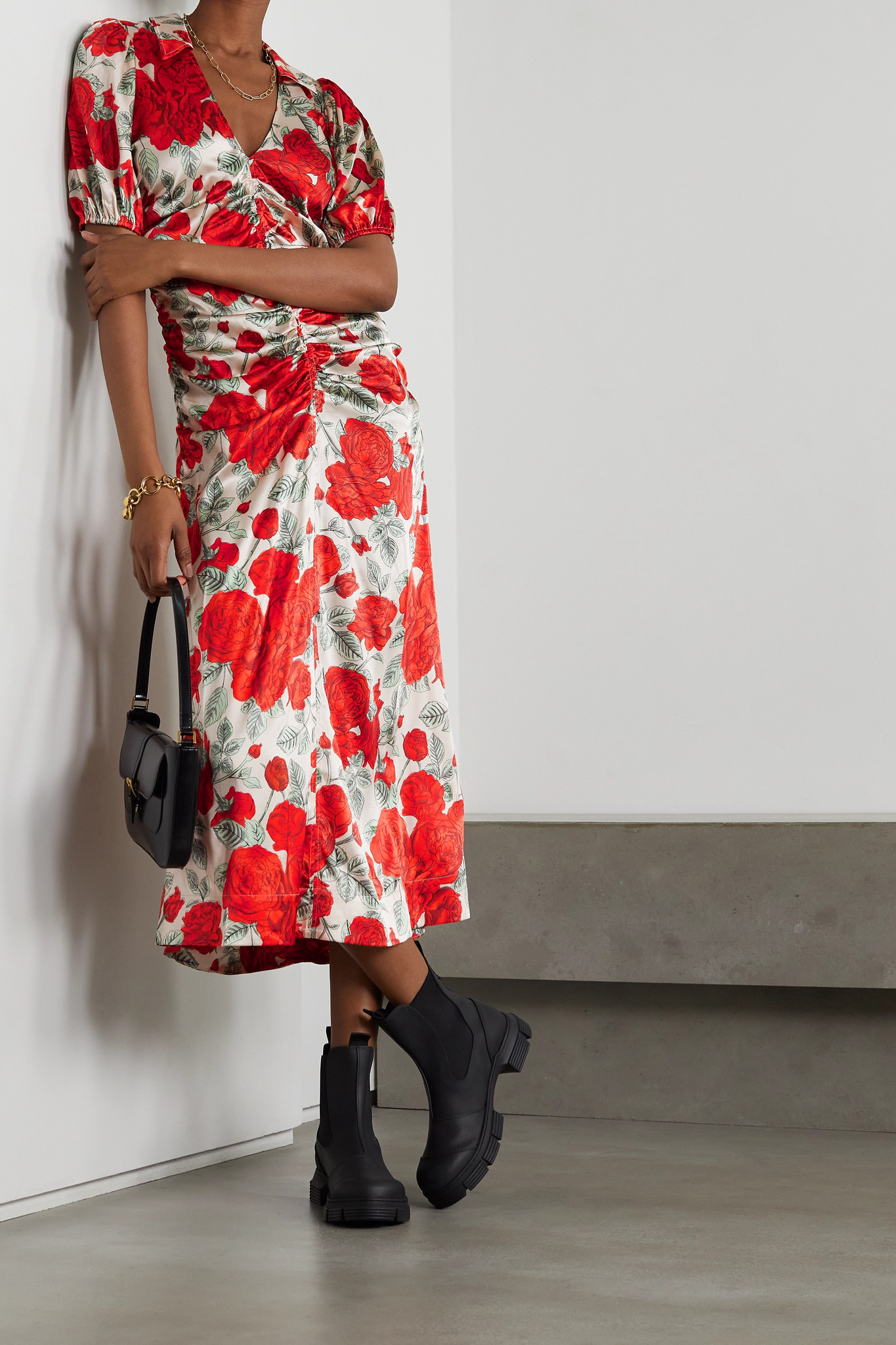 ganni red floral dress Ganni Ruched Floral-Print Silk-Blend Satin Midi Dress In Red - 40% Off