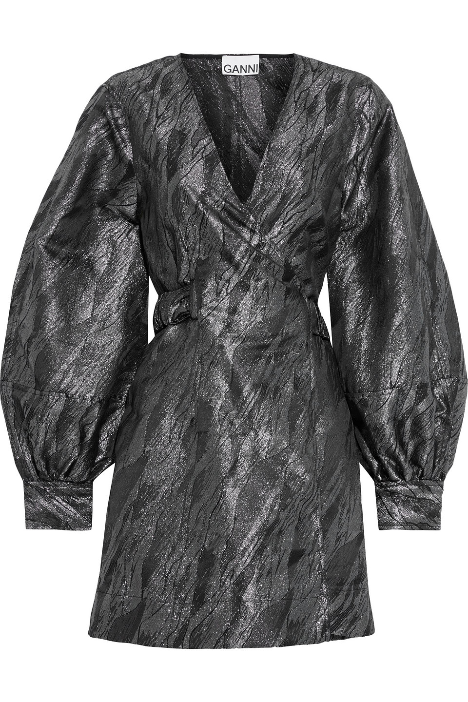 Ganni Metallic Jacquard Mini Wrap Dress In Black - 50% Off | Editorialist Ganni Metallic Jacquard Mini Wrap Dress In Black - 50% Off | Editorialist
