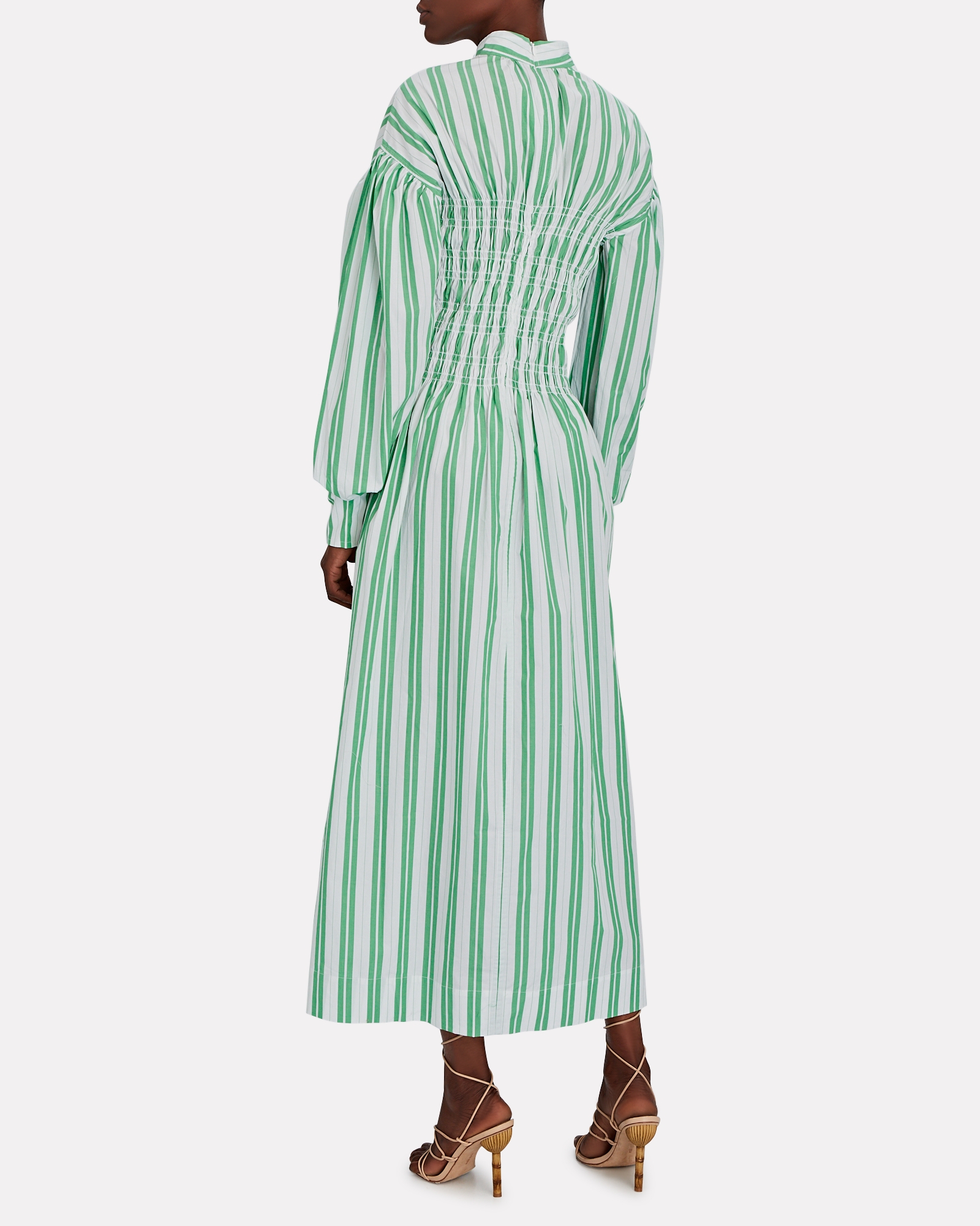 ganni green and white striped dress GANNI Shirred Striped Organic Cotton-Poplin Midi Dress