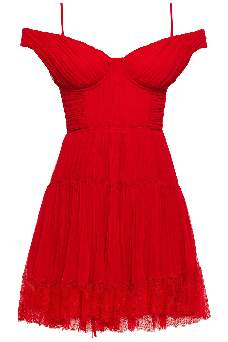 self portrait red chiffon mini dress Off-Shoulder Pleated Chiffon Mini Dress