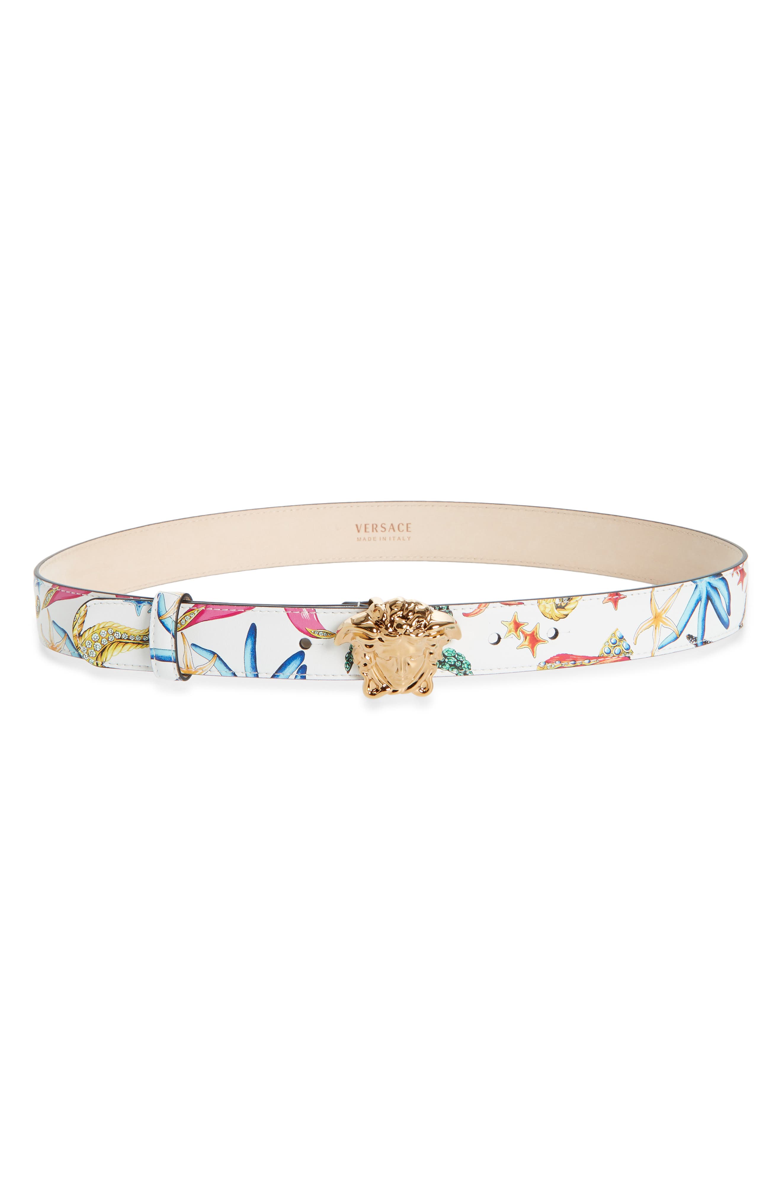 Versace Tresor De La Mer Print Leather Belt - White Sea 