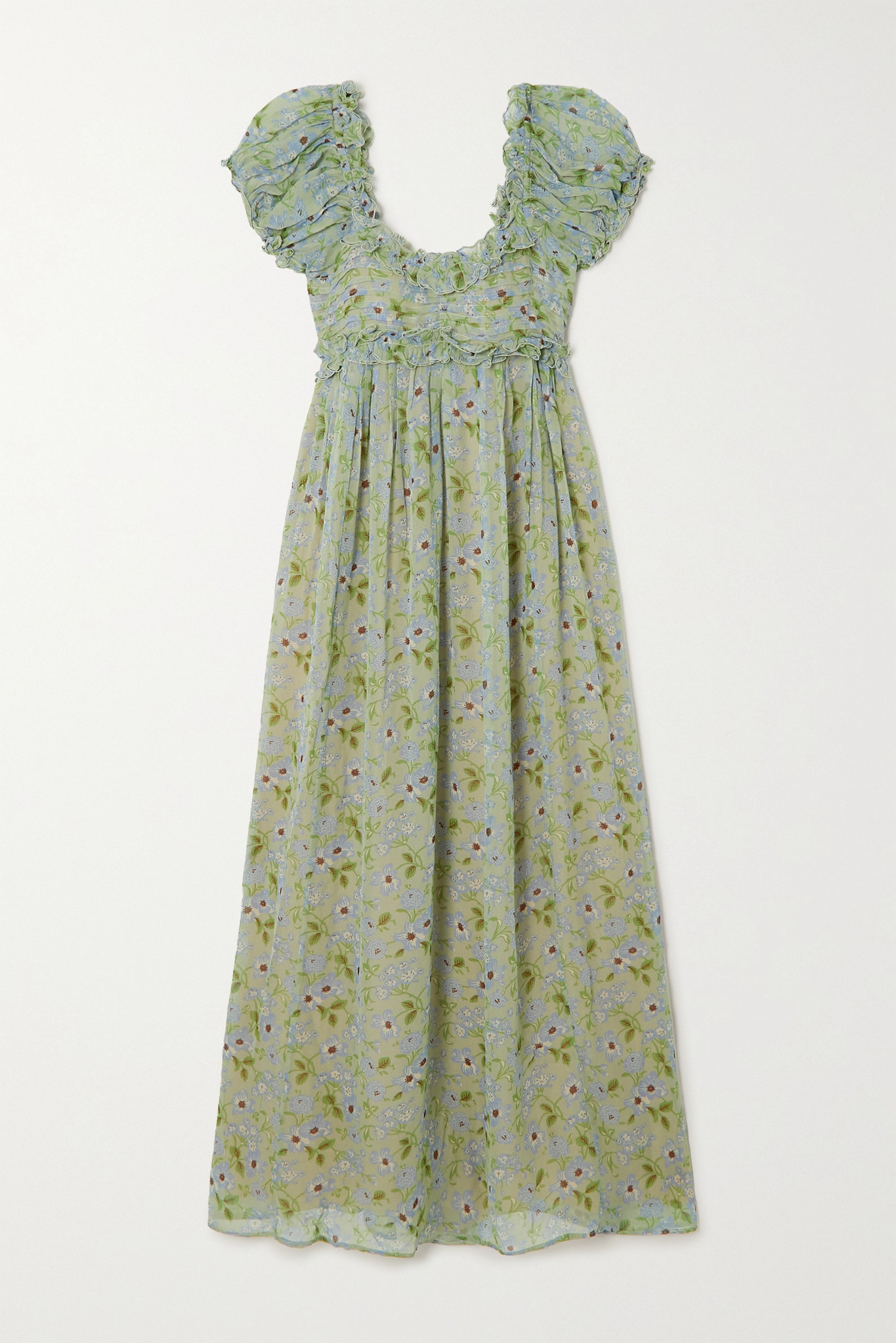 DEn Drew Ruffled Floral-Print Silk-Georgette Maxi Dress In Green - 40% Off  | Editorialist