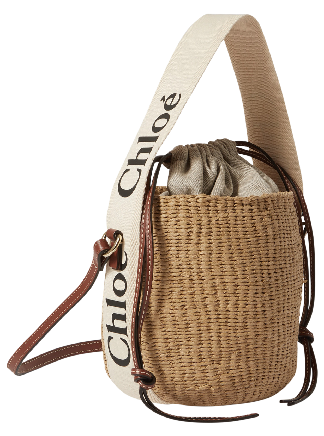 CHLOÉ Chloé Woody Small Leather-Trimmed Raffia Basket Bag