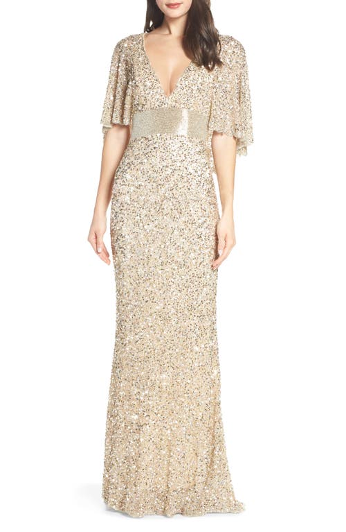 Beaded Capelet Sleeve Column Gown 