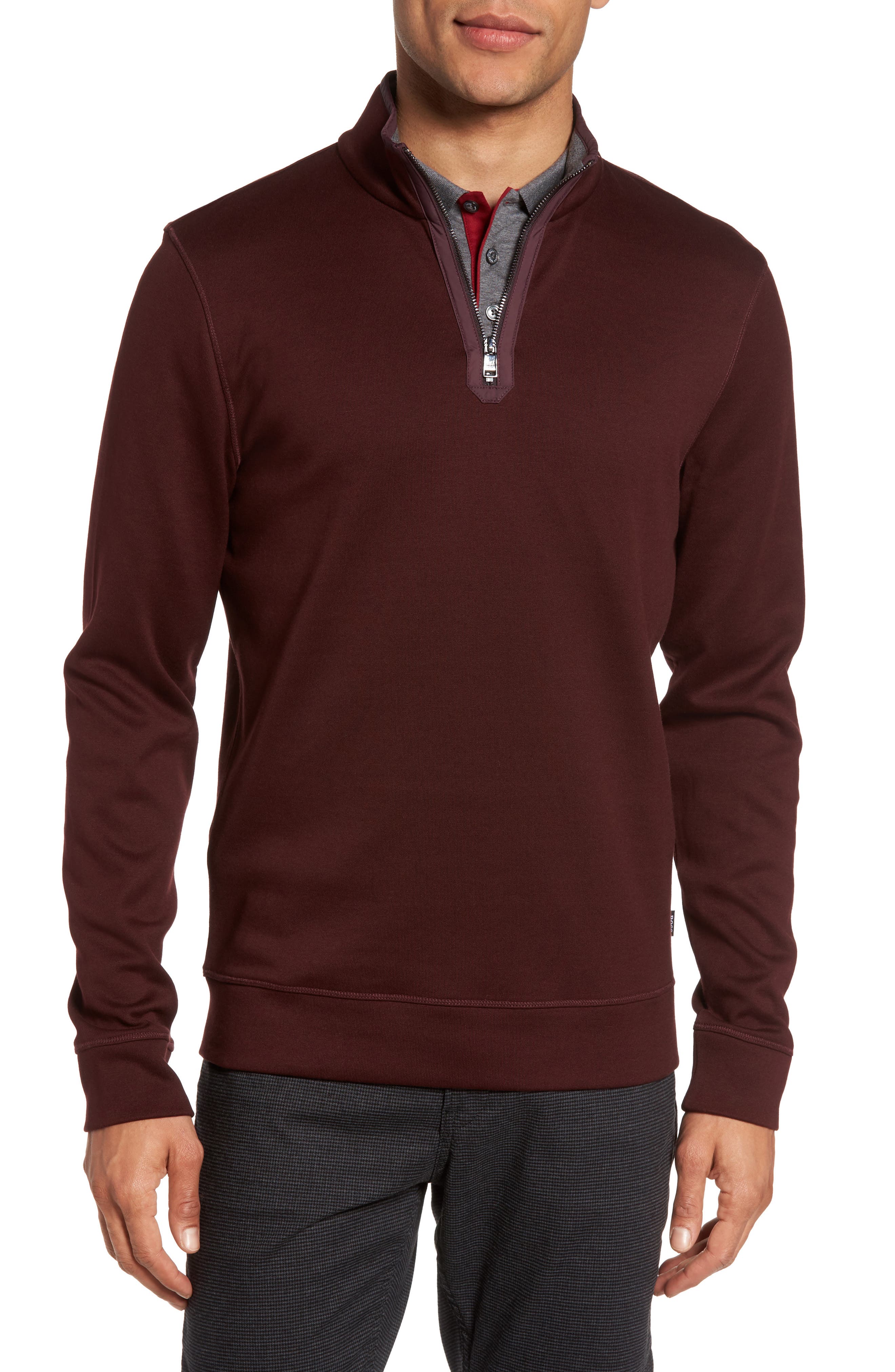 red quarter zip pullover
