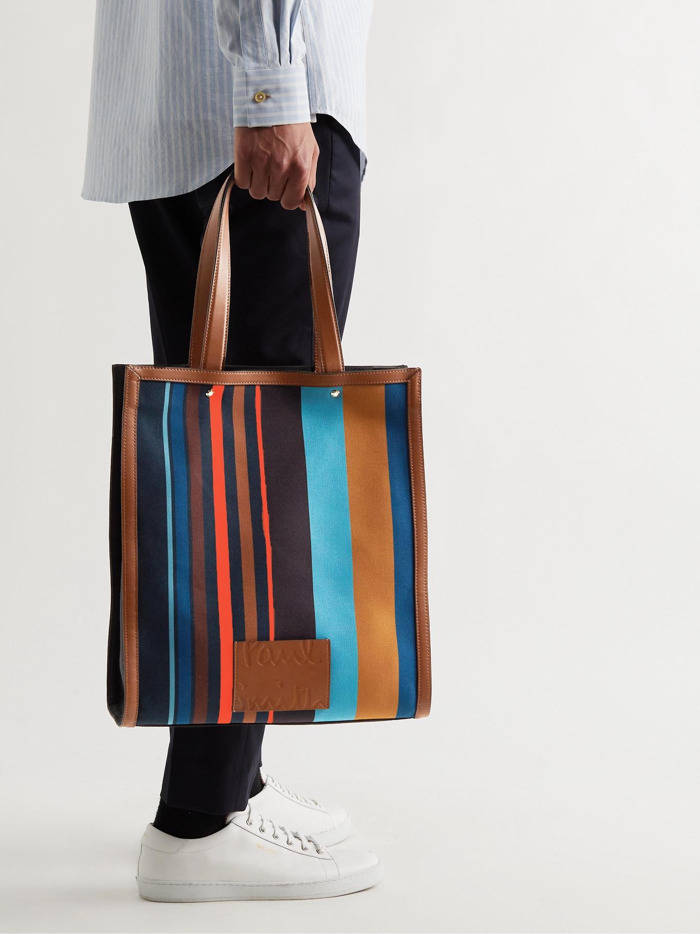 Paul Smith Leather-Trimmed Striped Recycled Canvas Tote Bag 