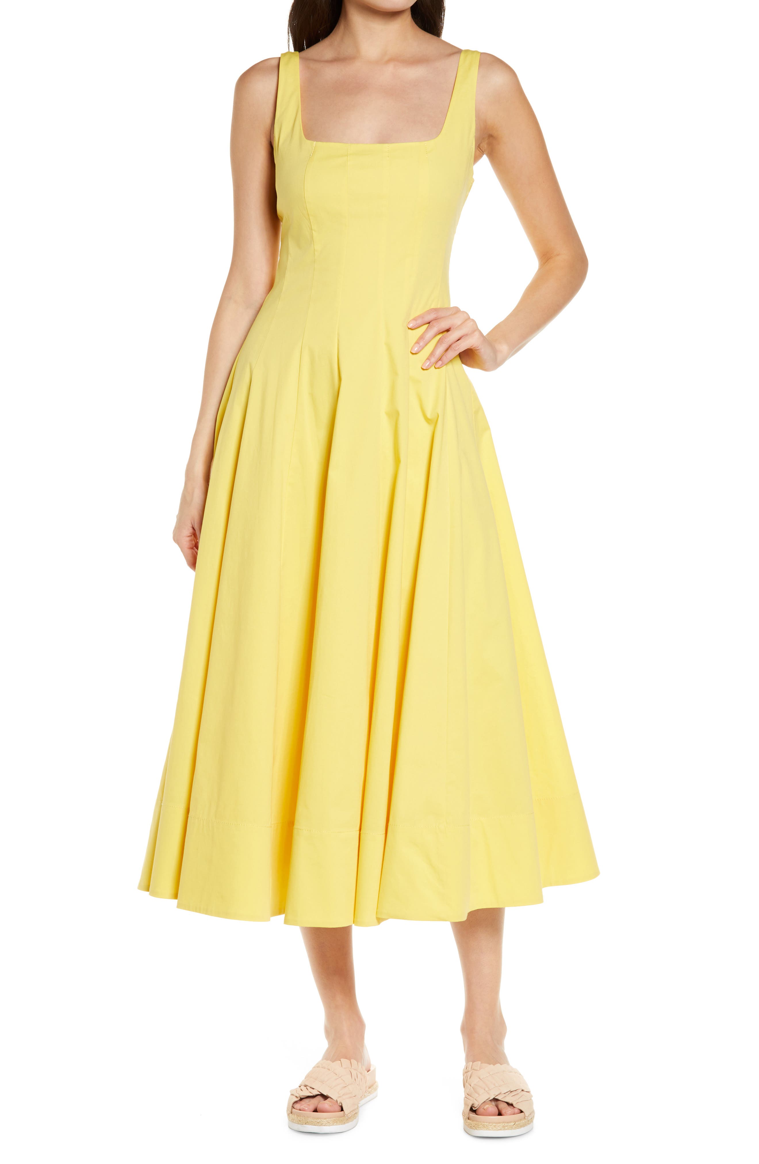 wells stretch cotton poplin midi fit & flare dress Staud Wells Stretch Cotton Poplin Midi Fit & Flare Dress In Lime