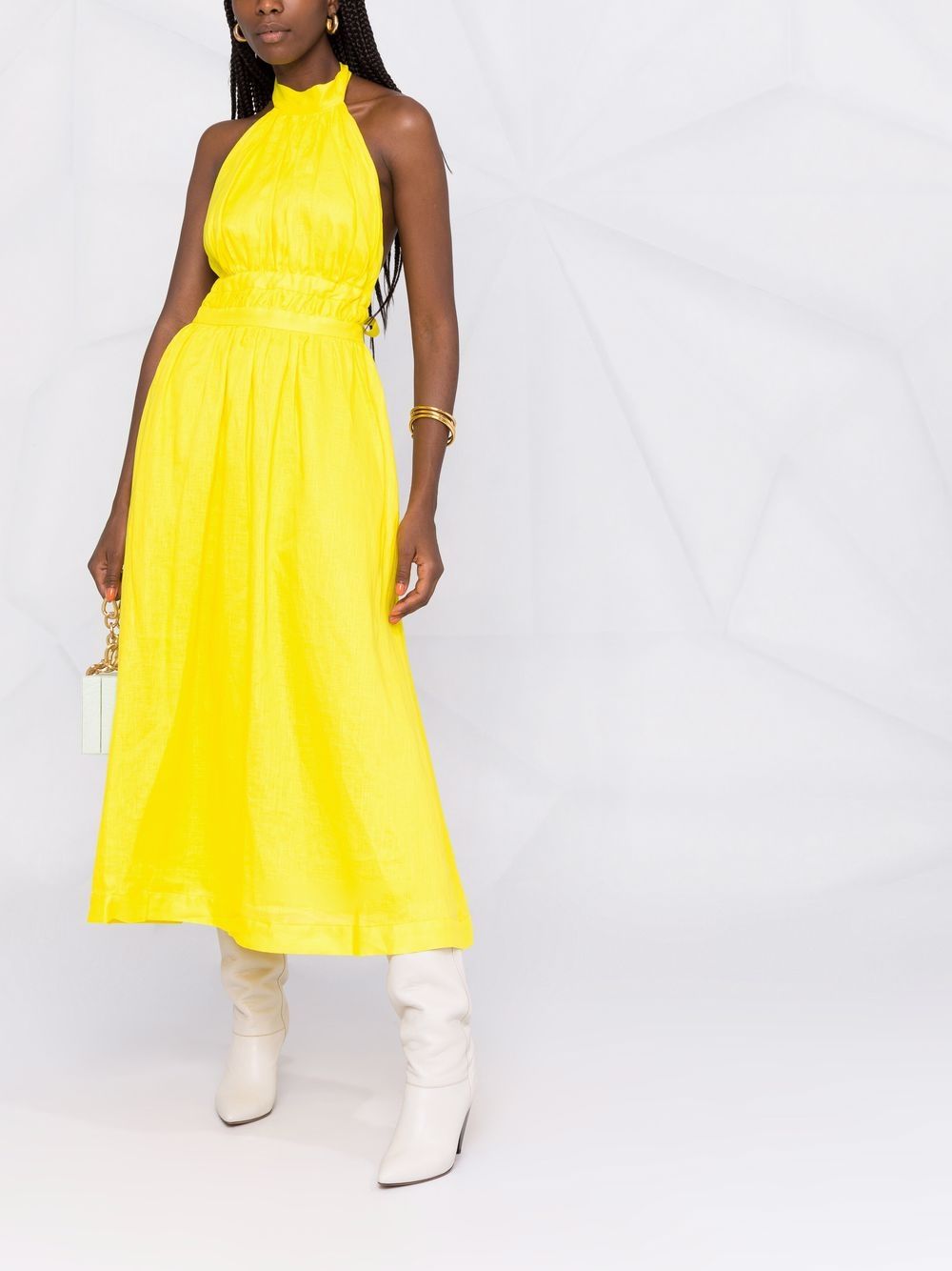 zimmermann shelly halter dress Zimmermann Shelly Pleated Linen-canvas Halterneck Midi Dress In Papaya