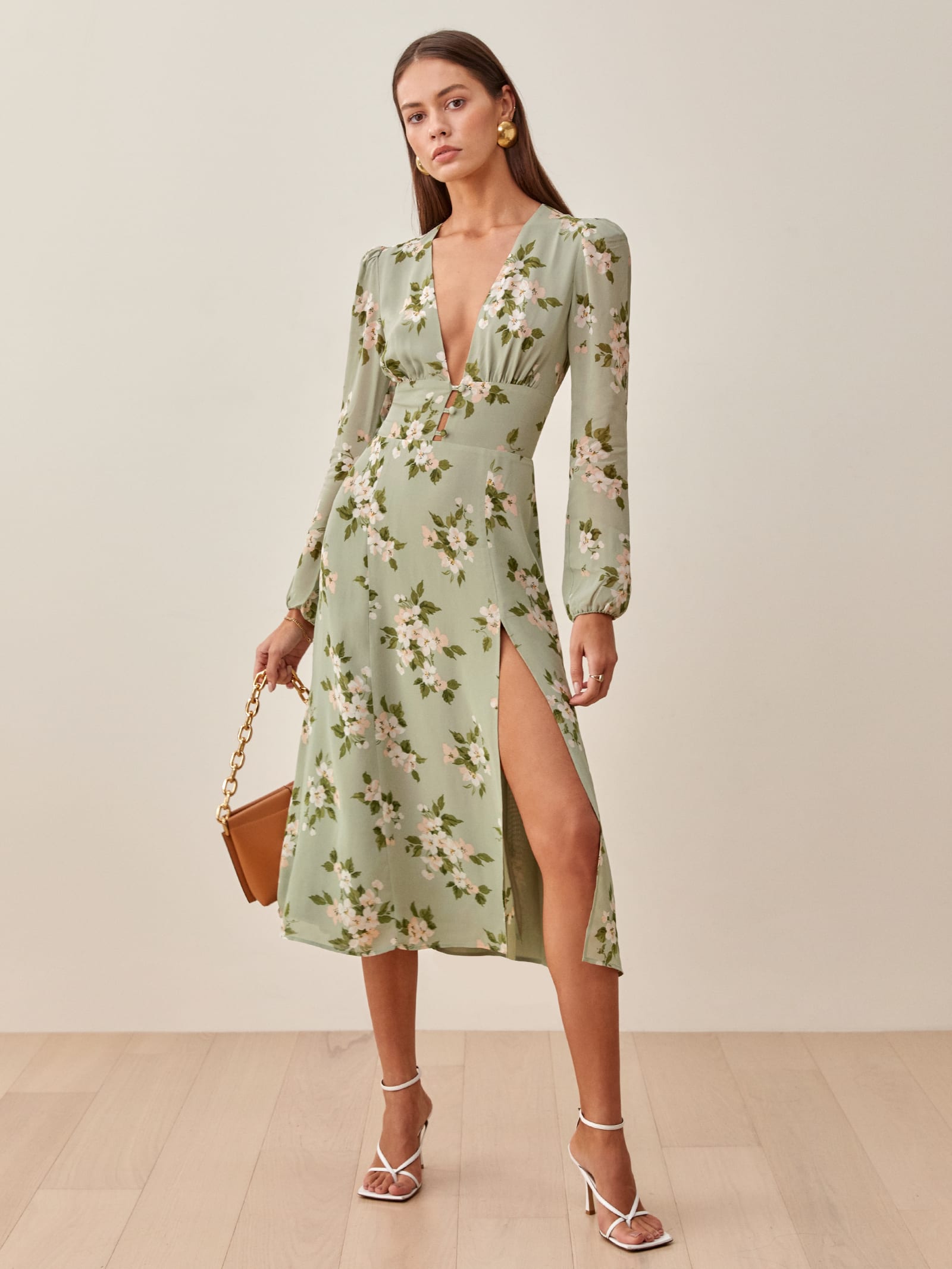 reformation green long sleeve dress Reformation Lucca Knit Off-Shoulder Long-Sleeve Midi Dress