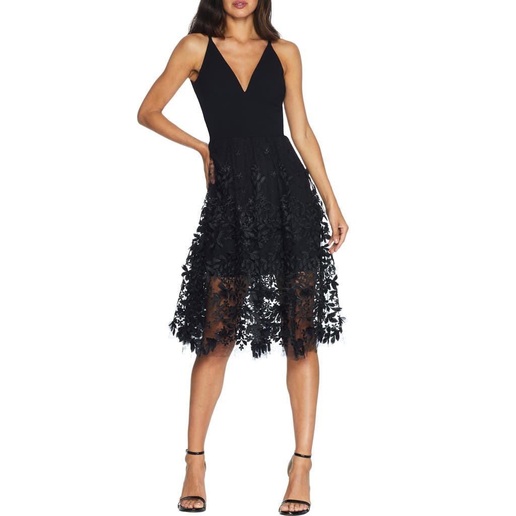 DRESS THE POPULATION Dress the Population Darleen V-Neck Embroidered Mesh Cocktail Dress