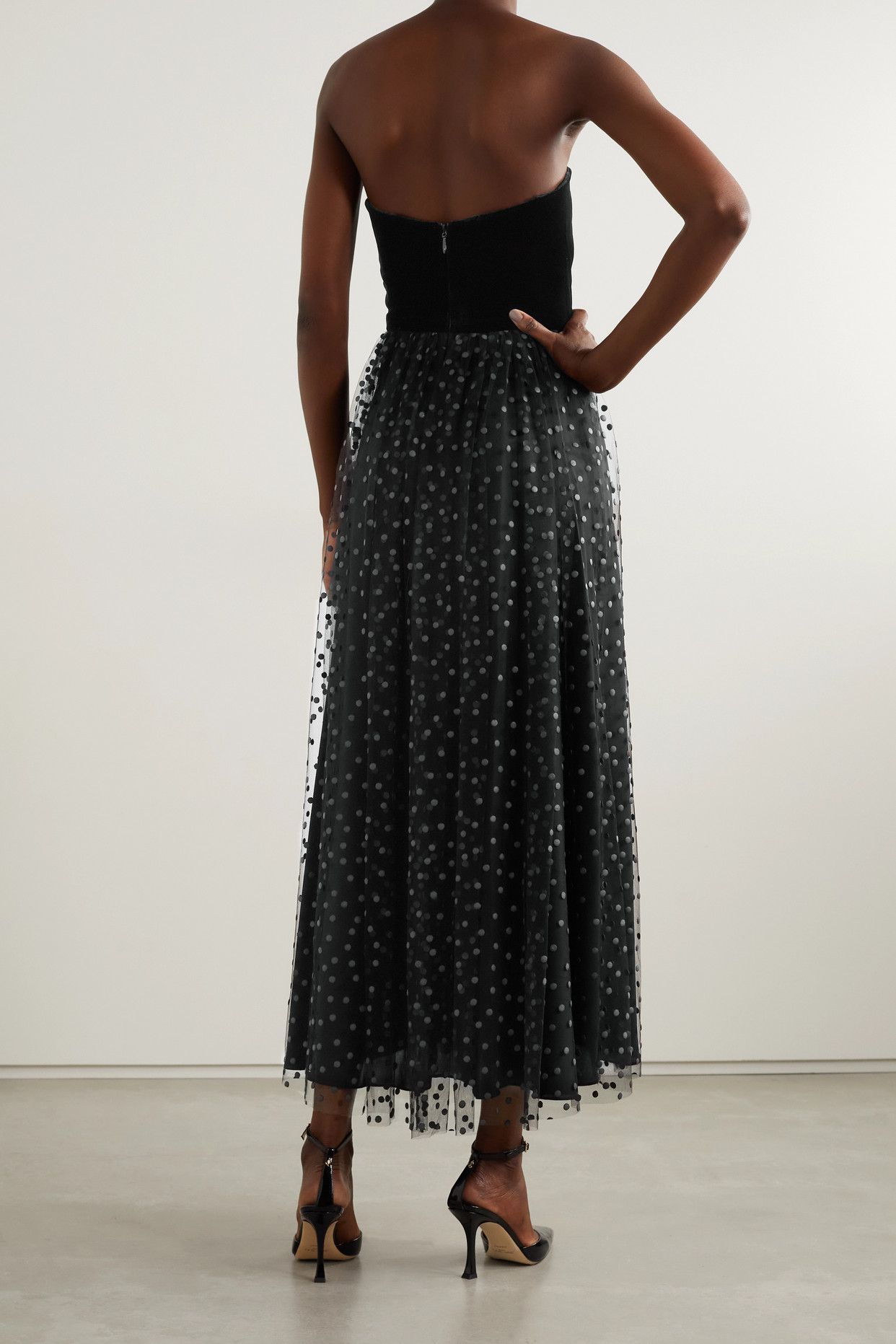 Monique Lhuillier Strapless Velvet And Polka-Dot Tulle Midi Dress In Black  - 60% Off | Editorialist