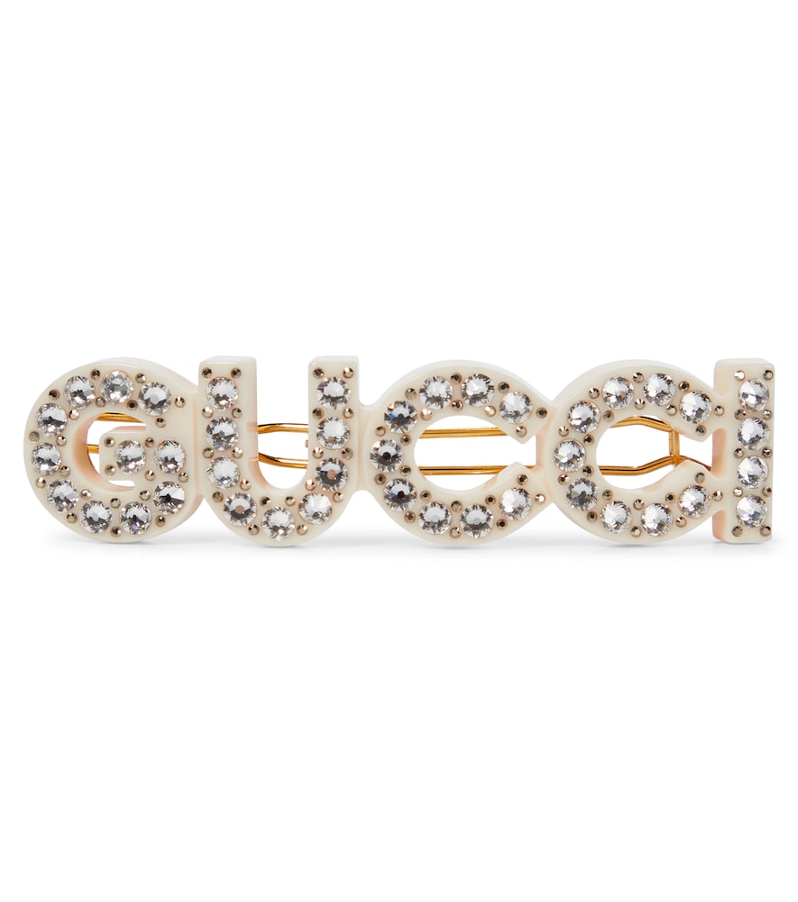 Gucci Logo Crystal-Embellished Hair Clip - White | Editorialist display picture 2