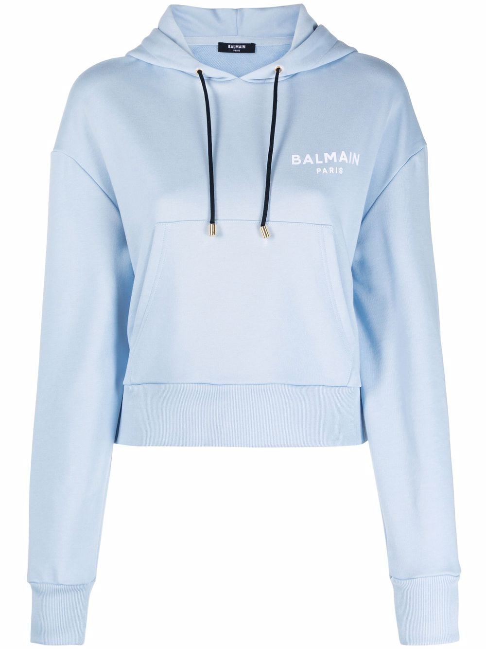 Balmain Flocked Logo Cropped Hoodie In Blue 49% Off Editorialist