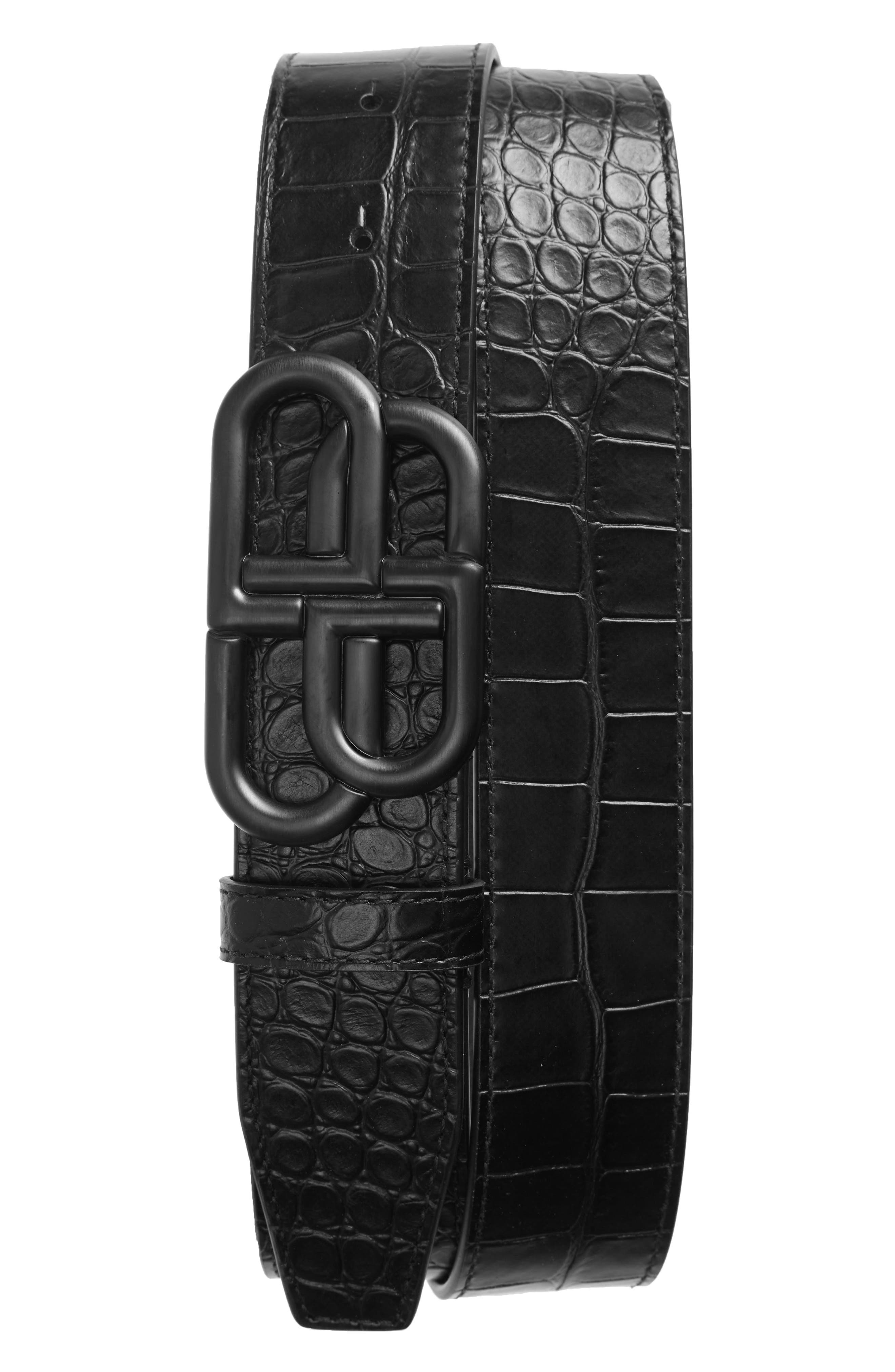 Balenciaga Black Croc-Embossed Leather Belt with Antique Gold BB Buckle Balenciaga Bb Hourglass Croc-Effect Leather Belt In Black  main image 2
